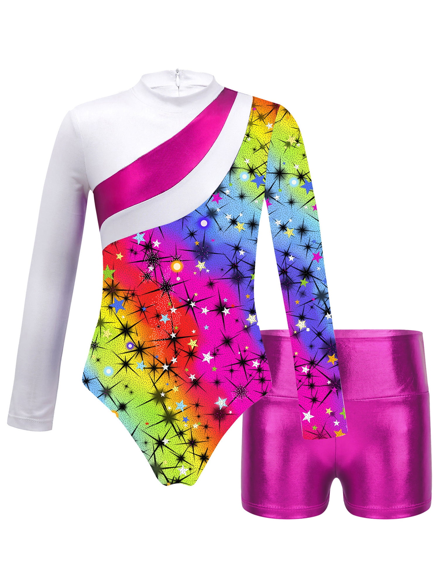 MSemis Kids Girls Printed Gymnastics Leotards and Metallic Shorts Sets ...
