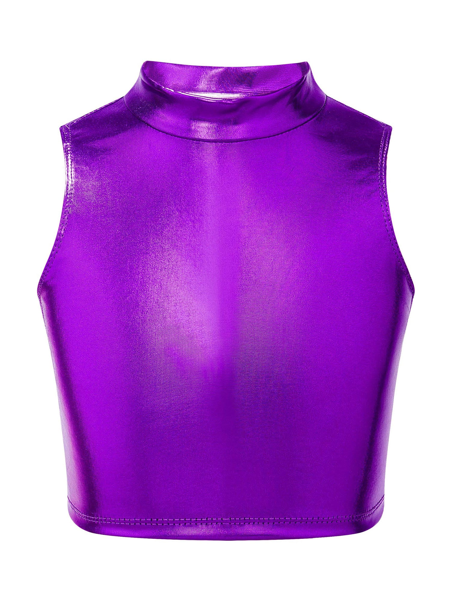 MSemis Kids Girls Shiny Metallic Mock Neck Crop Tops Dance Vest Ballet ...