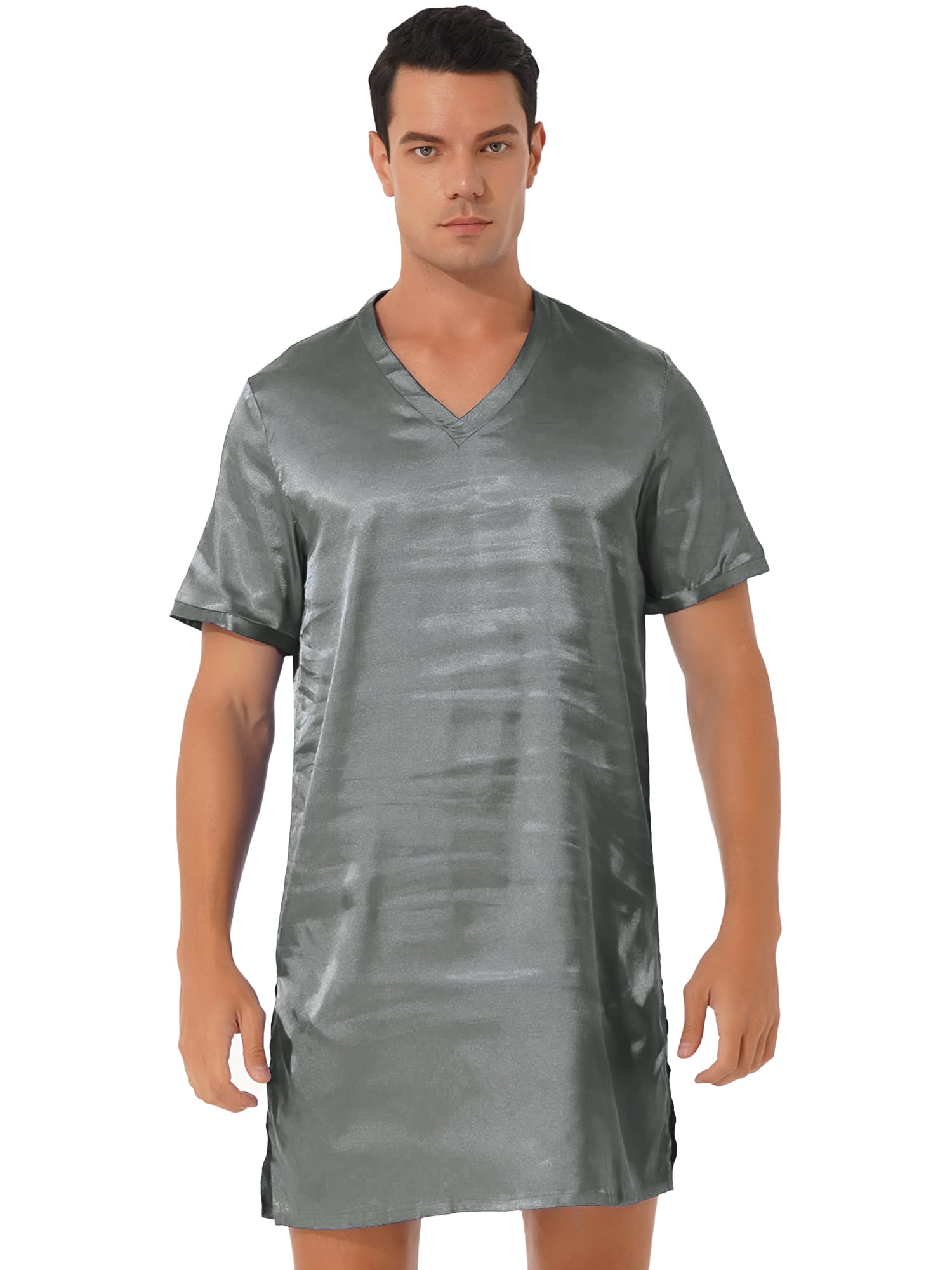 MSemis Men's Night Shirt Short Sleeve Nightgowns Satin V Neck Sleepwear ...