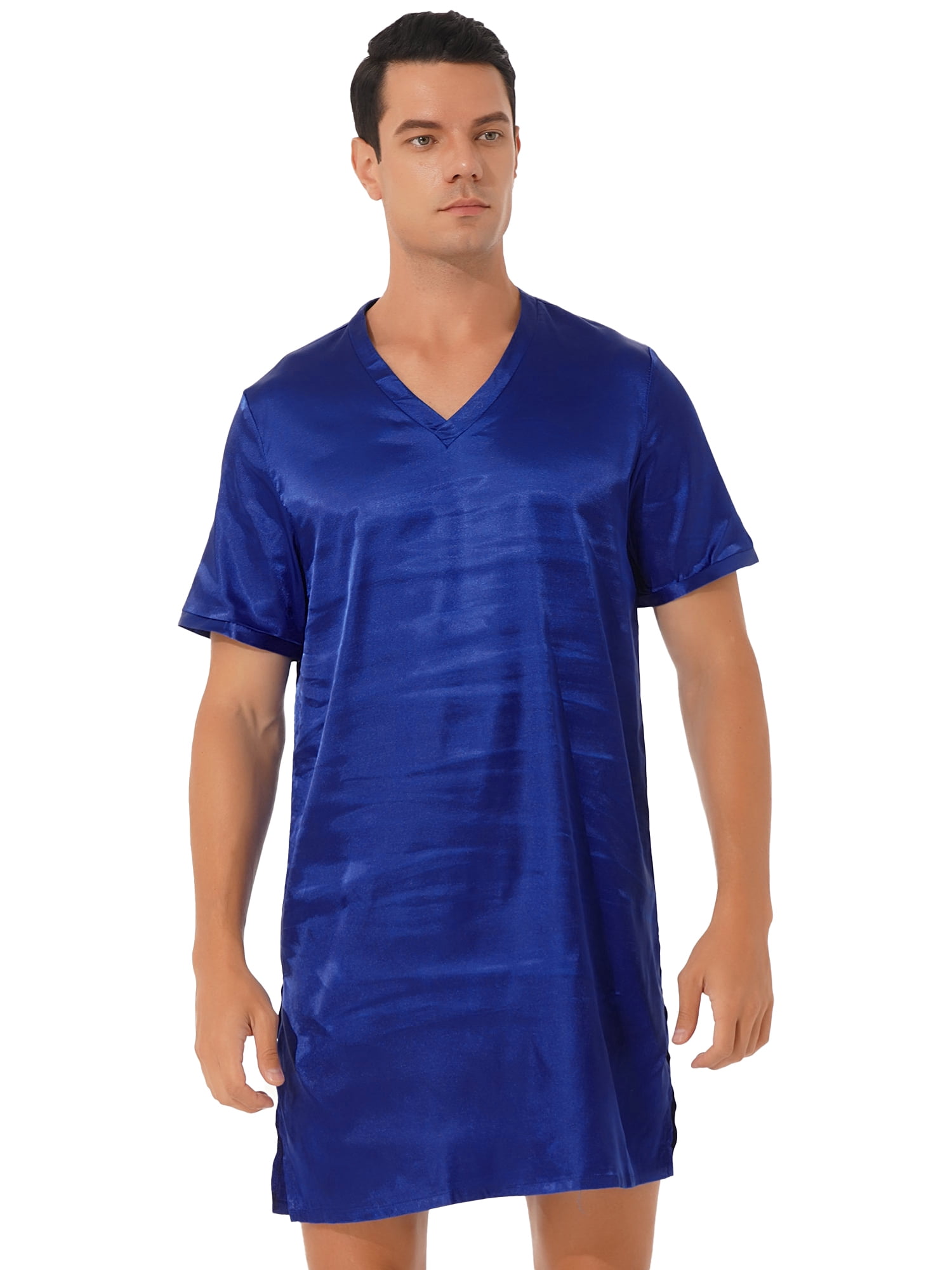 MSemis Men's Night Shirt Short Sleeve Nightgowns Satin V Neck Sleepwear ...