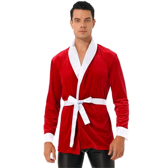 MSemis Men's Velvet Red Christmas Robe Jacket Kimono Bathrobe with Belt ...
