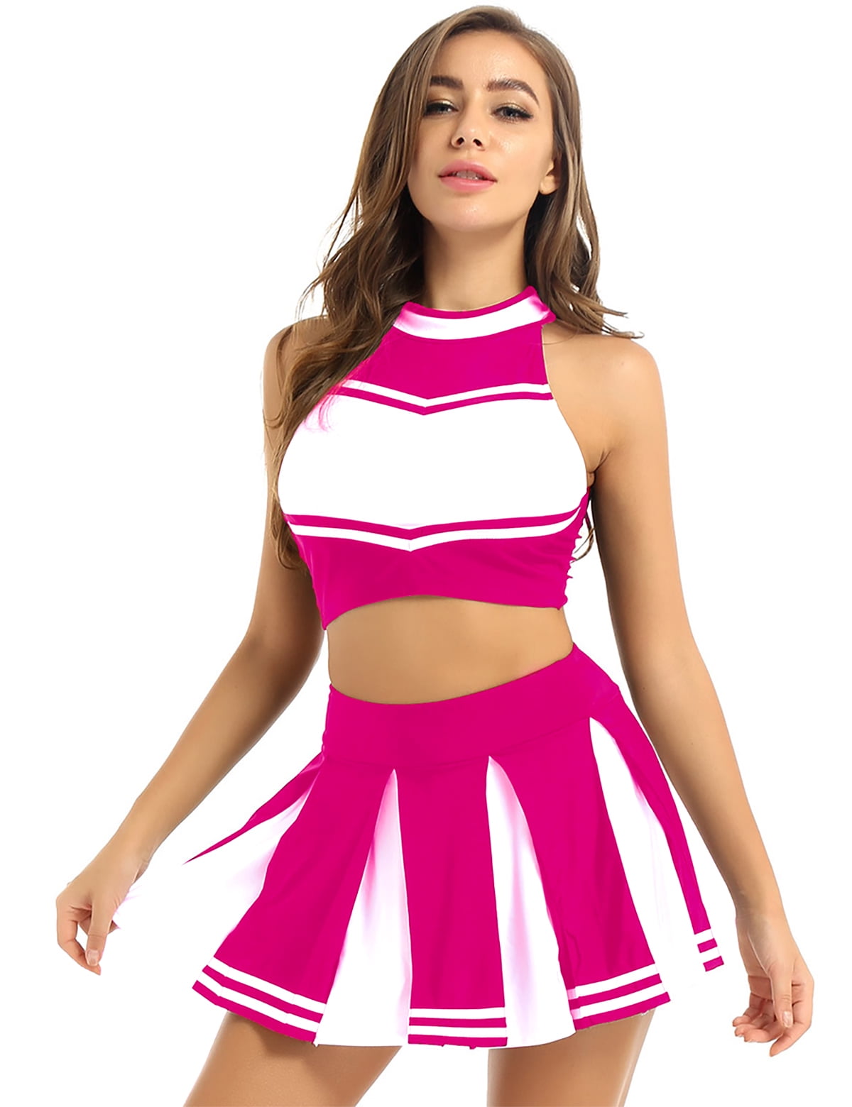 Msemis Women Cheerleader Costume Outfits Crop Top With Pleated Skirt 2pcs Set Hot Pink Xxl
