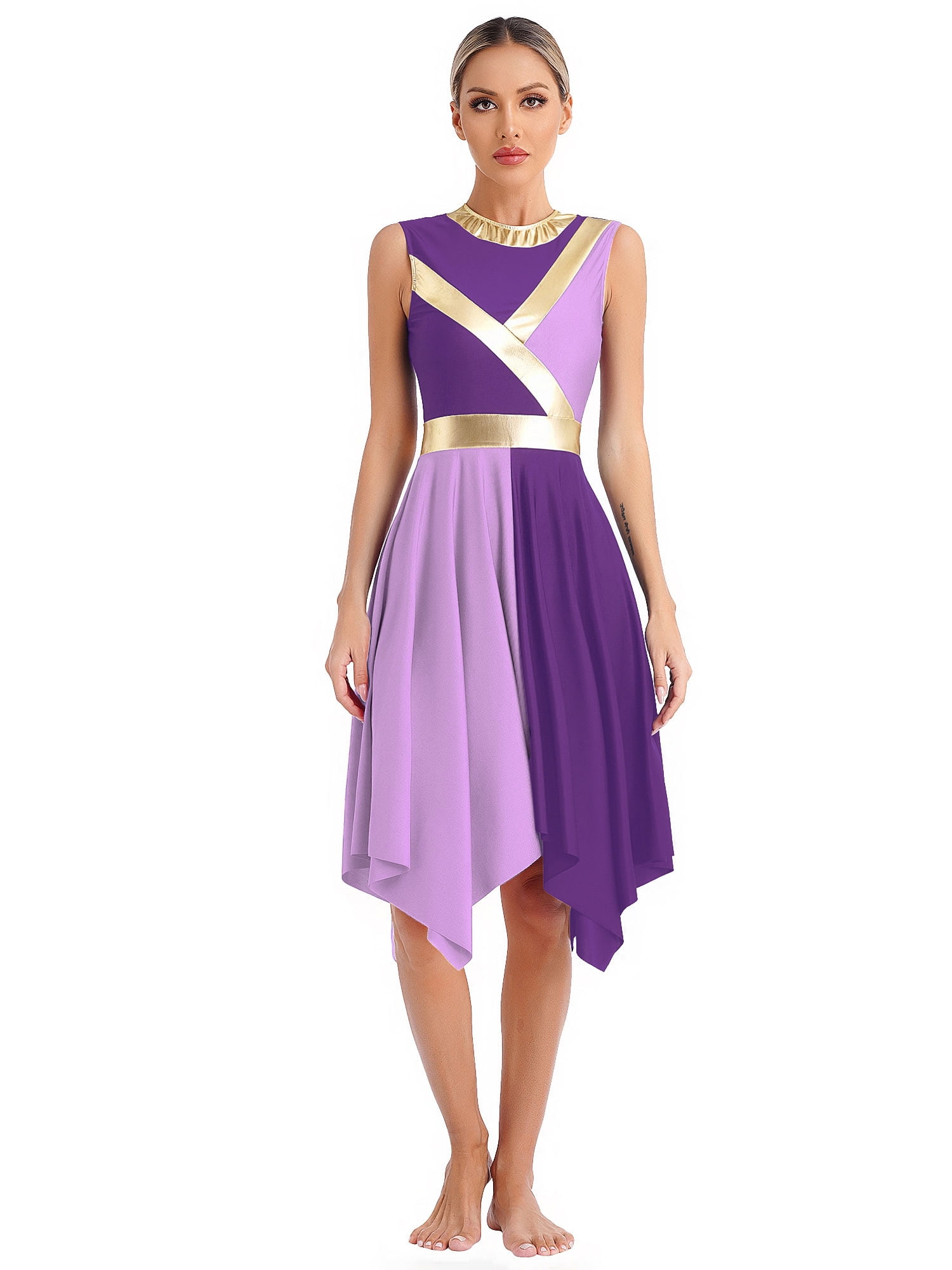MSemis Women Metallic Color Block Praise Dance Dress Sleeveless ...