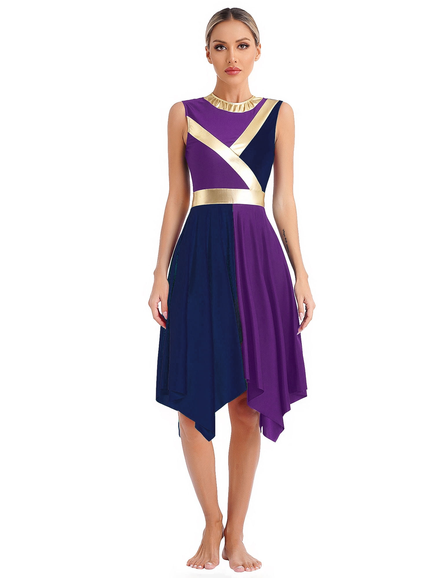 MSemis Women Metallic Color Block Praise Dance Dress Sleeveless ...