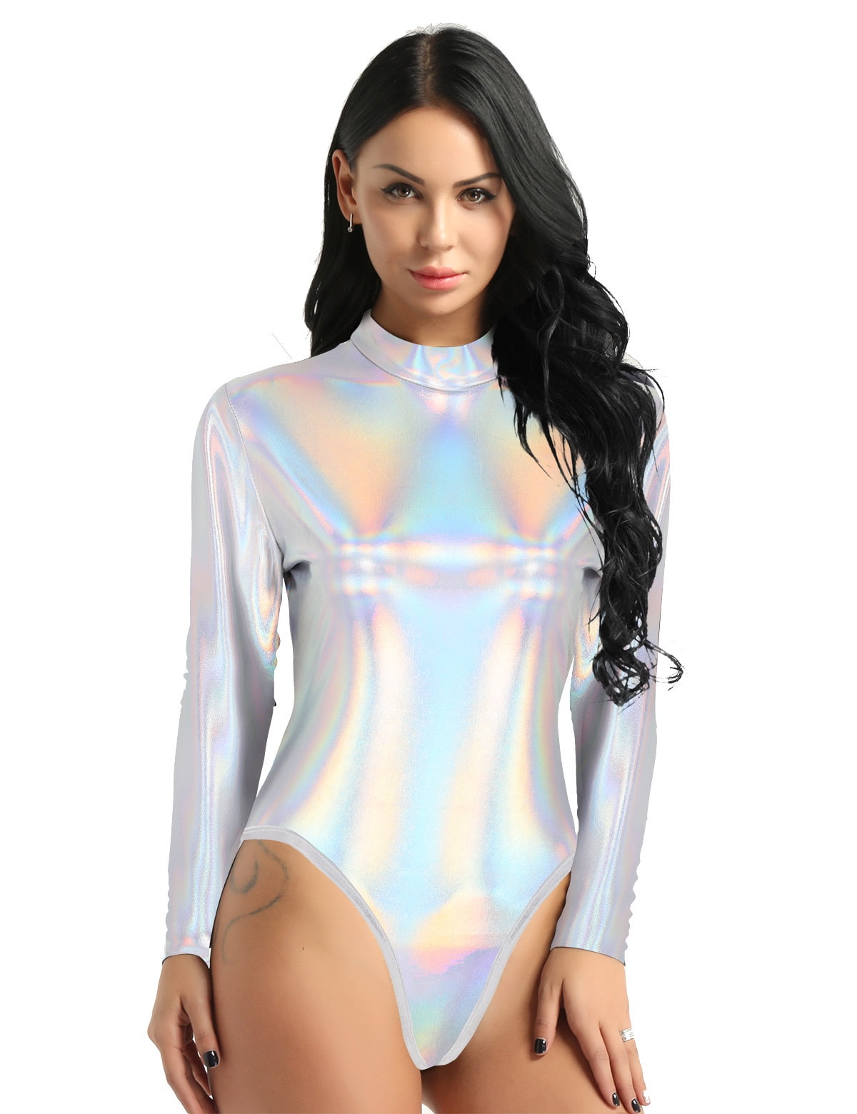 MSemis Women Metallic Liquid Ballet Leotard Gymnastics Bodysuit Long Sleeve Mock Neck Unitard ...