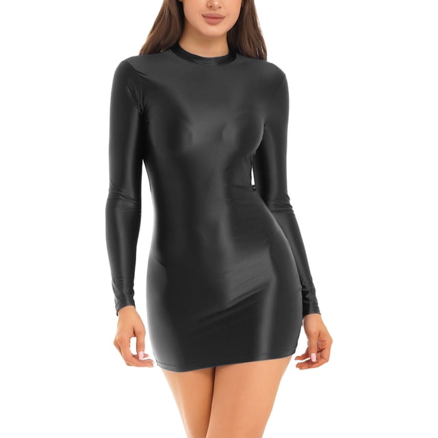 MSemis Women Oil Glossy Sheer Micro Mini Dress Tight Pencil Short Dress ...