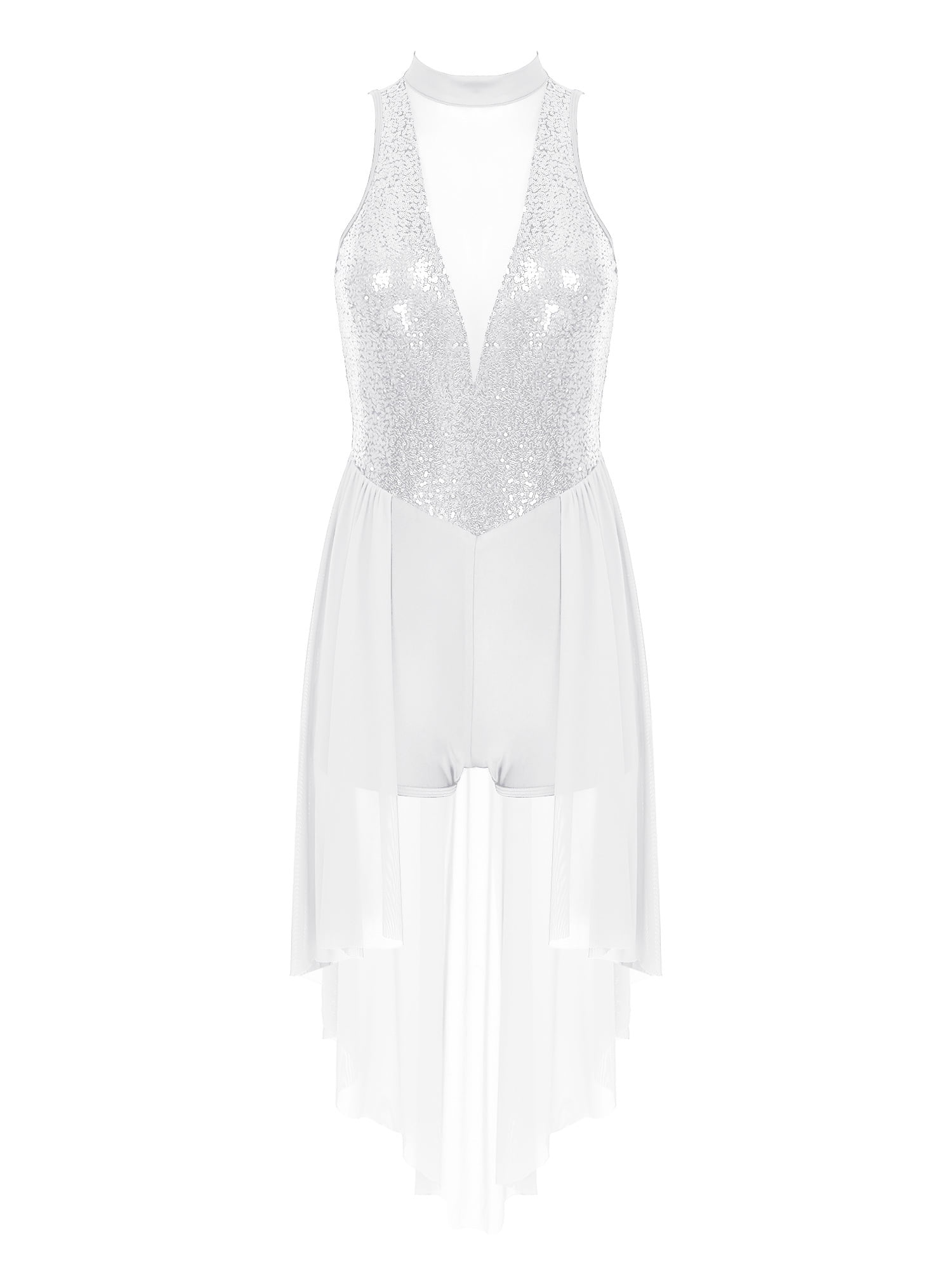 Msemis Women Sequins Lyrical Dance Dress Halter Neck Mesh Contemporary Dance Costume White S