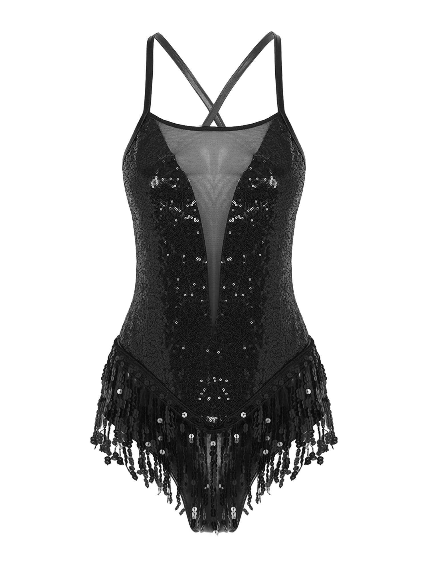 Msemis Women Sparkle Sequins Leotard Tassel Dress Dance Costume Black