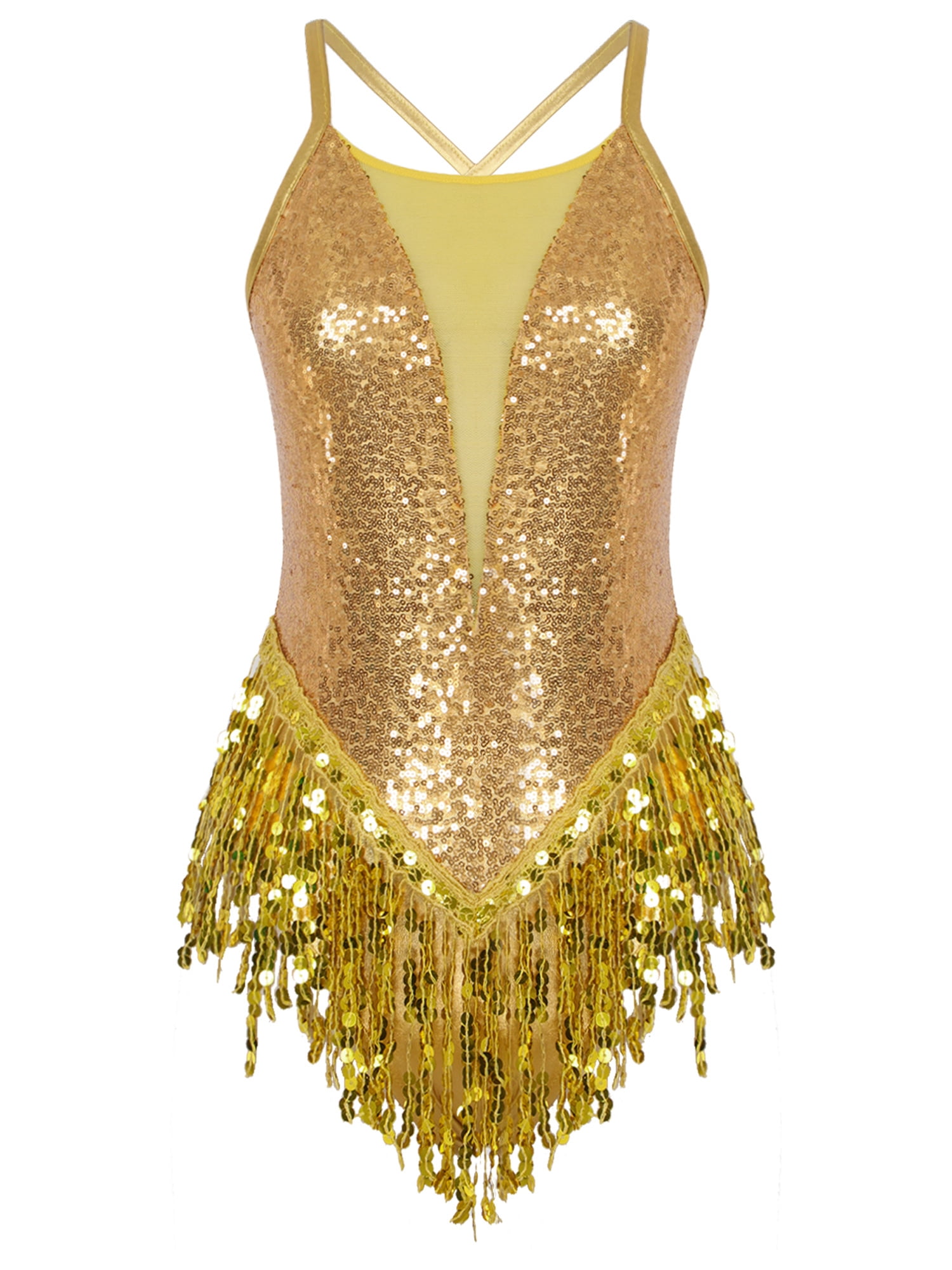 MSemis Women Sparkle Sequins Leotard Tassel Dress Dance Costume Gold ...