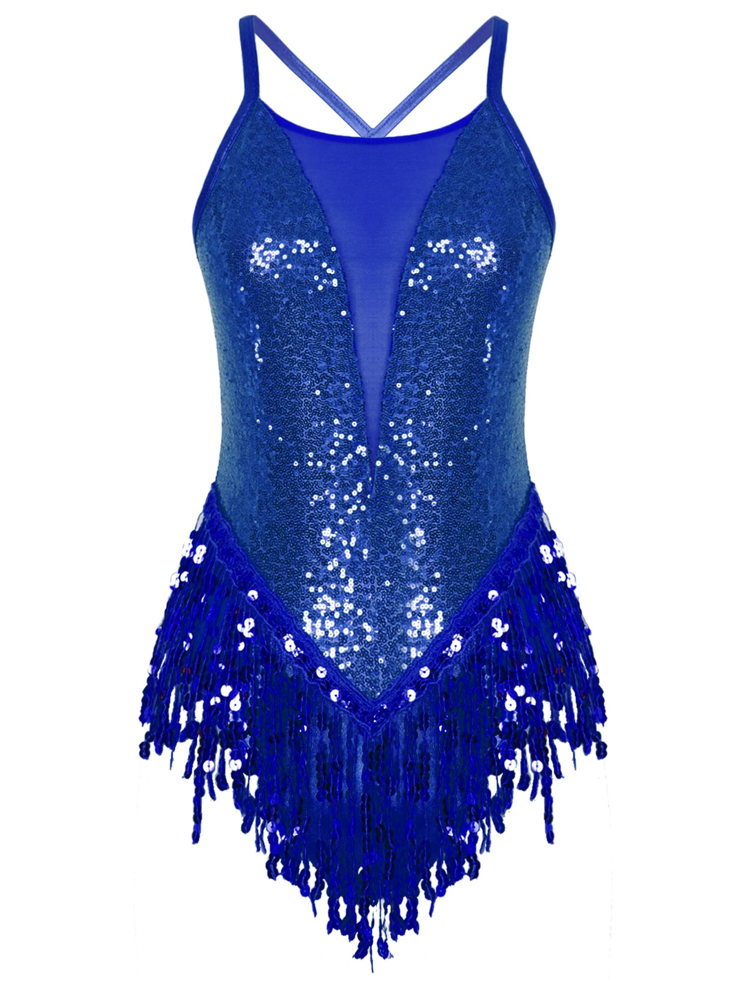 MSemis Women Sparkle Sequins Leotard Tassel Dress Dance Costume Royal ...