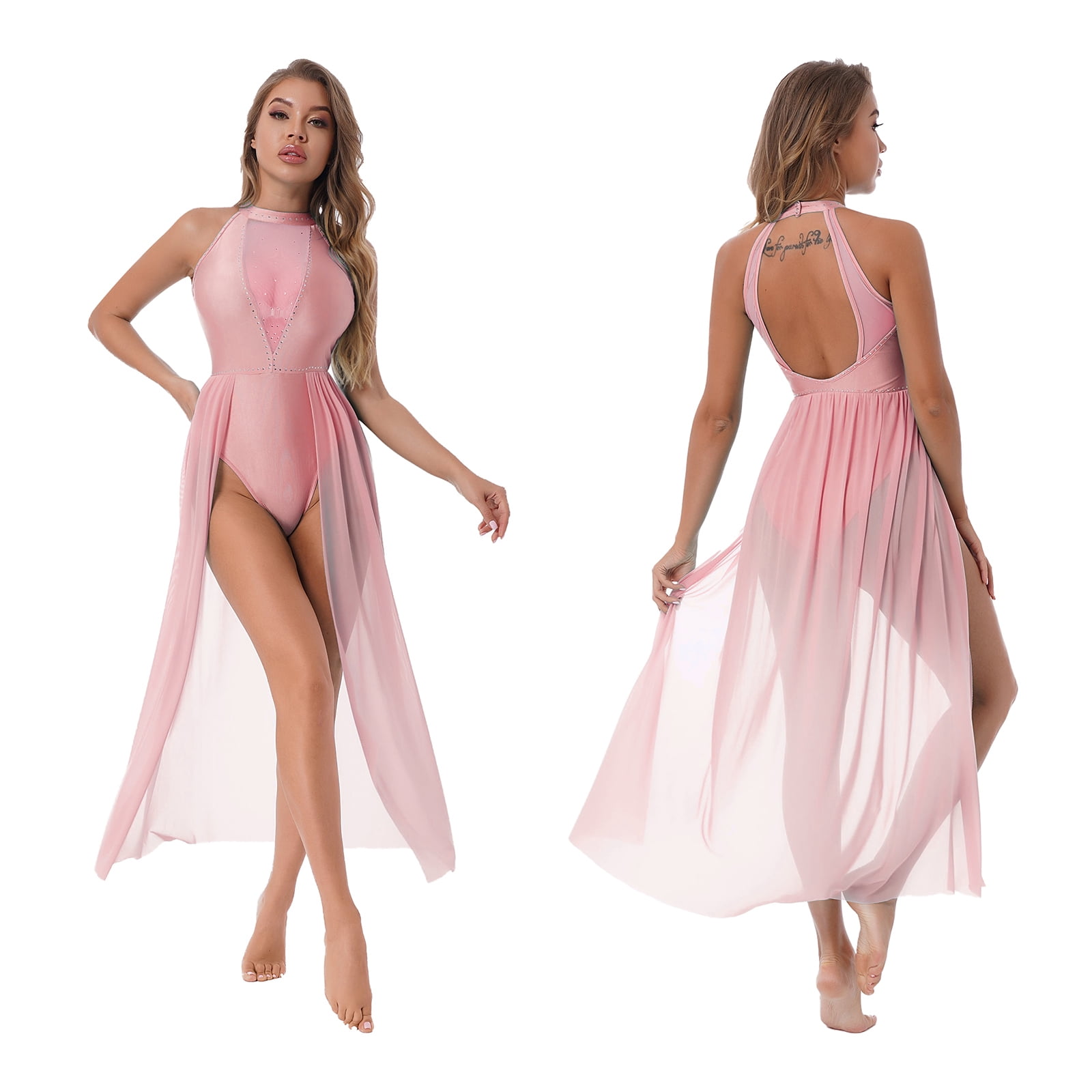MSemis Women's Lyrical Modern Dance Costume Halter Backless Split Dance Leotard Mesh Maxi Dress ...
