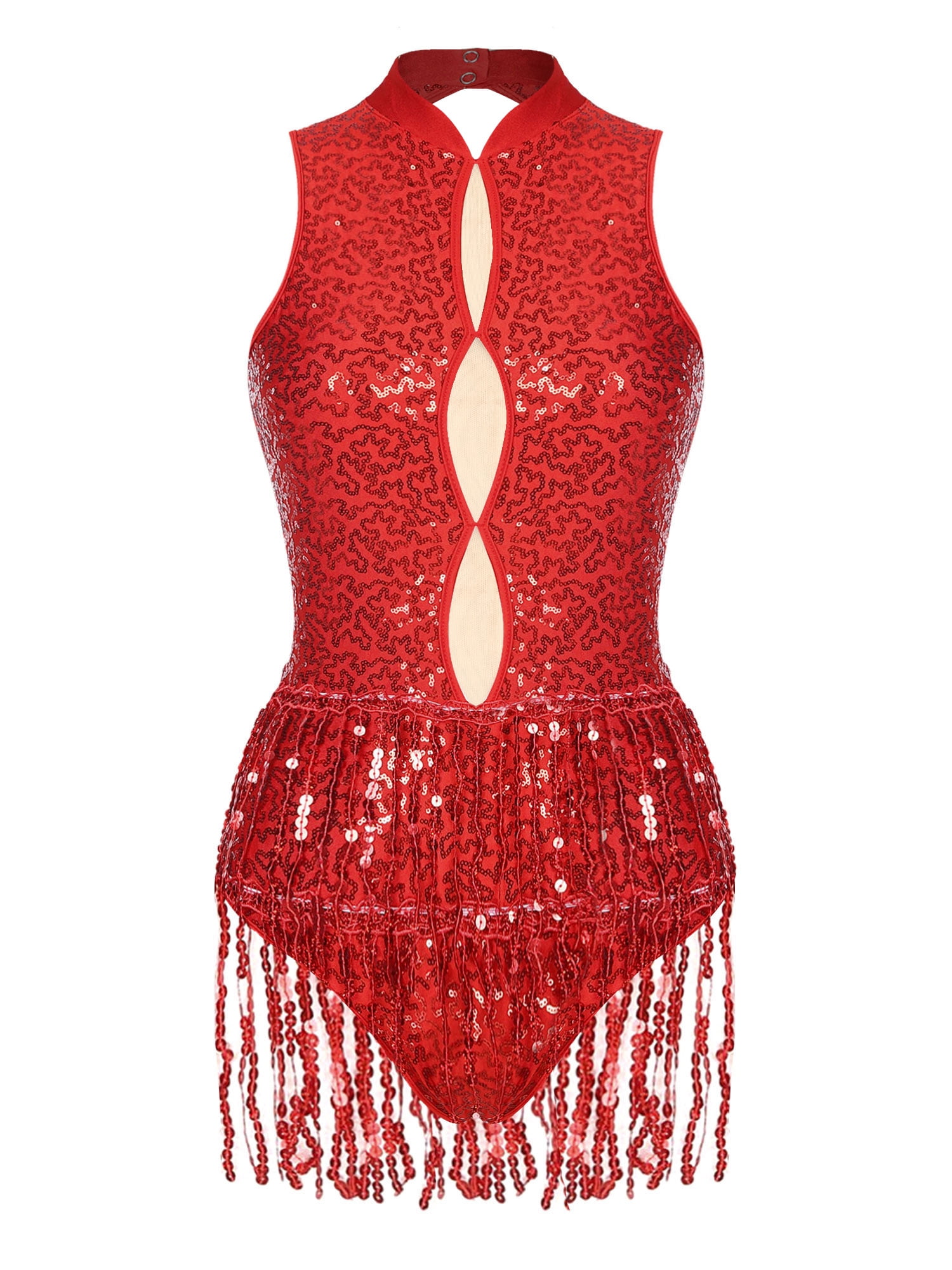 Msemis Womens Sequins Leotard Tassel Latin Dance Dress Costume Red Xl
