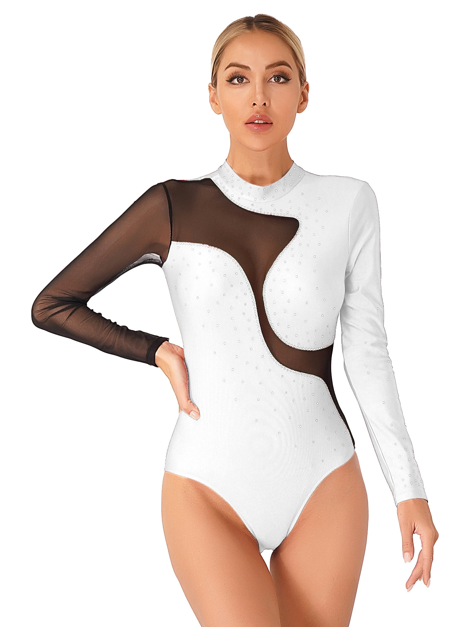 MSemis Women's Sheer Mesh Long Sleeve Ballet Dance Gymnastics Leotard Rhinestone Figure Skating ...