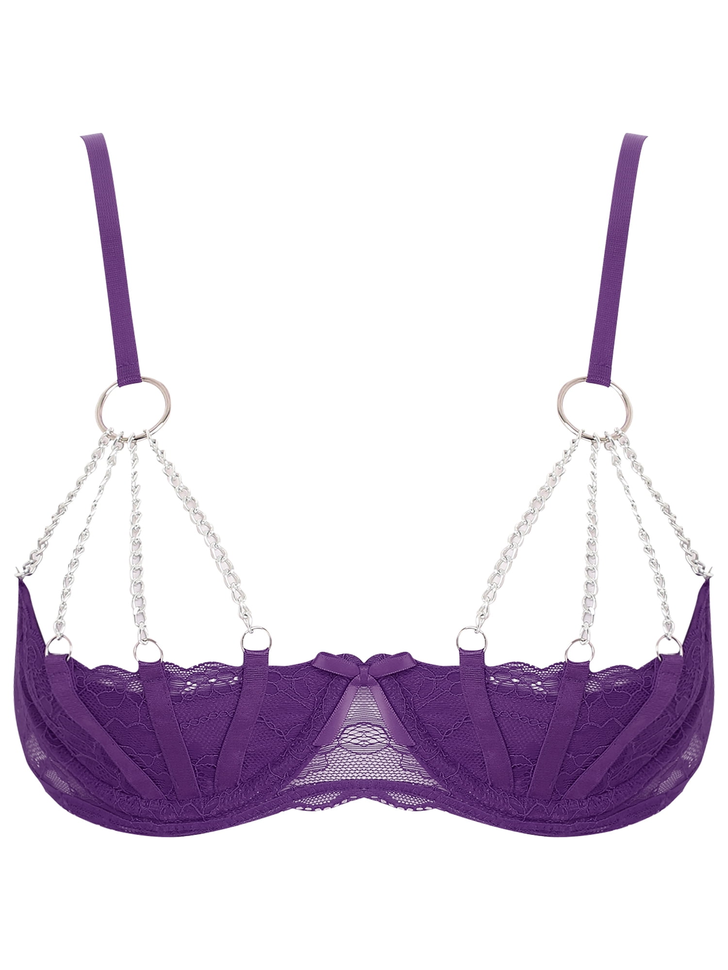 MSemis Women's Sheer Lace Lingerie Open Cups Chains Bra Push Up 1/4 ...