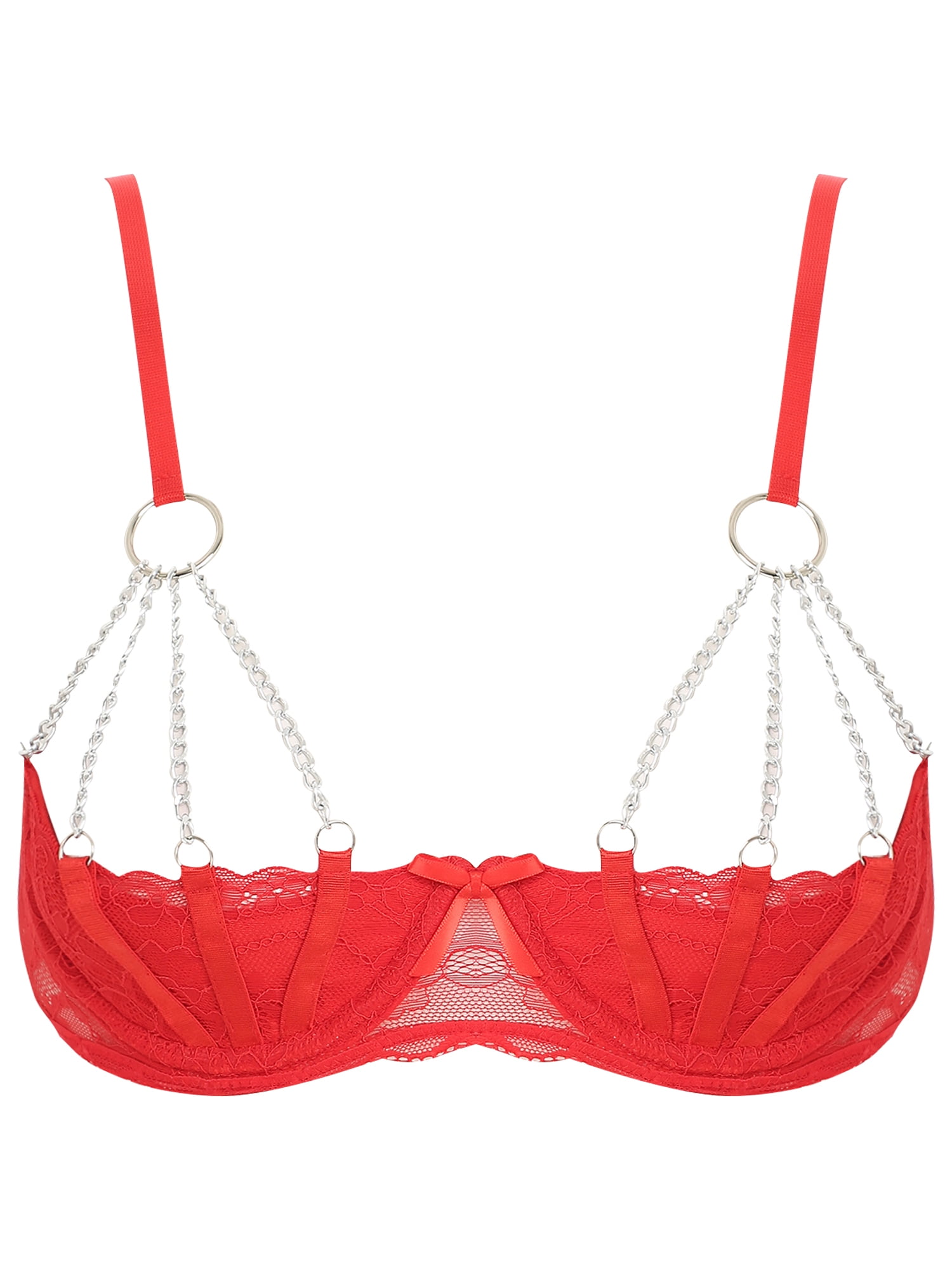 MSemis Women's Sheer Lace Lingerie Open Cups Chains Bra Push Up 1/4 ...