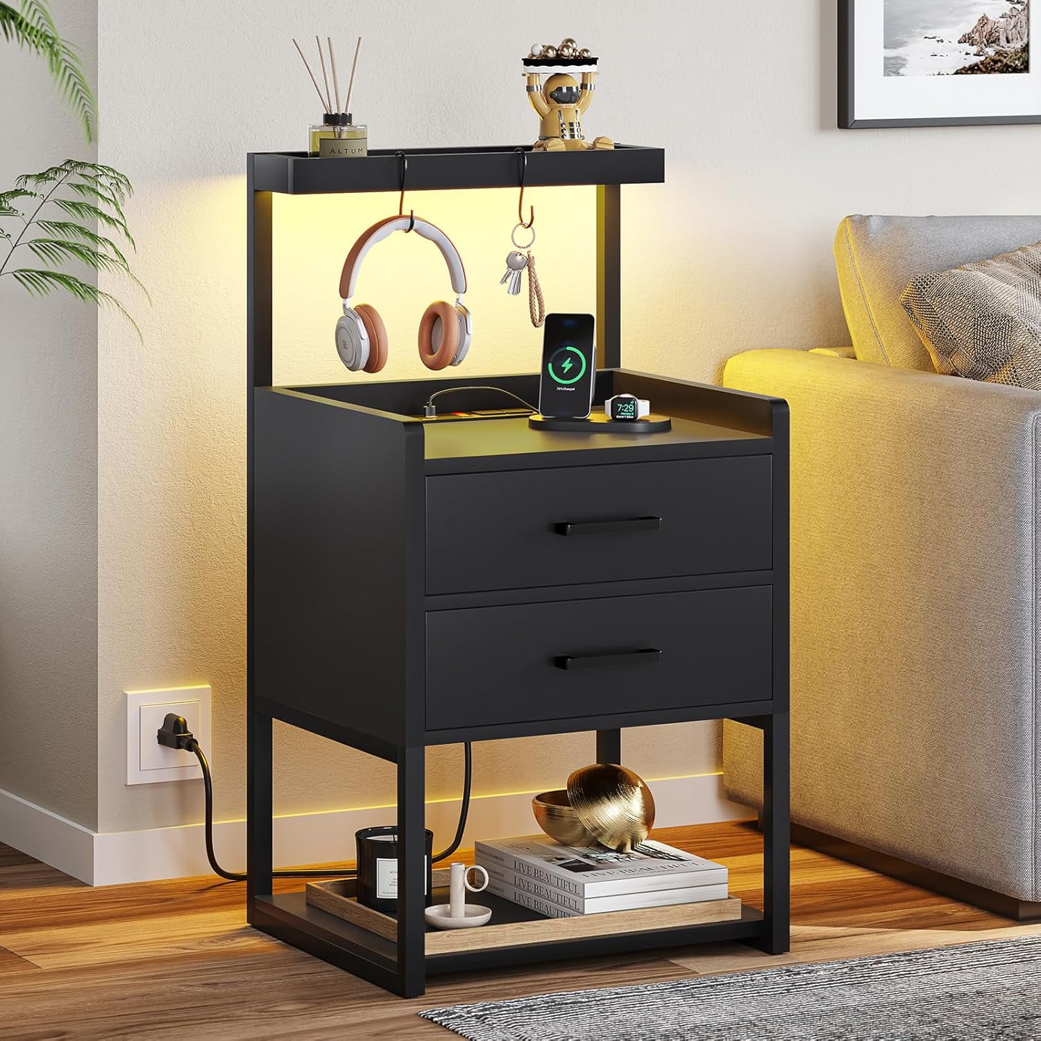MSmask Black Night Stand with Charging Station, LED Night Stand with 2 ...