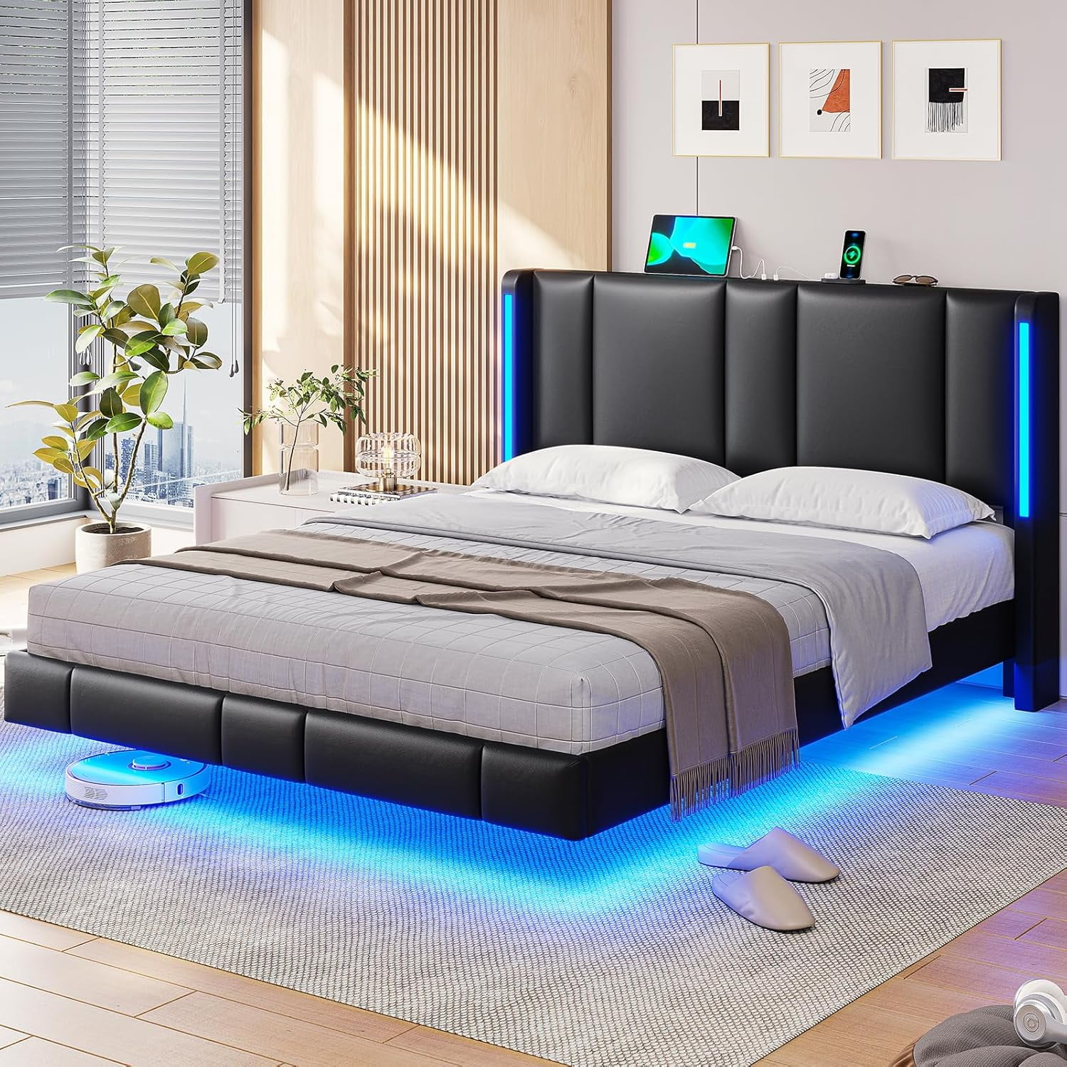 MSmask Full Size Floating Bed Frame with LED Lights, Upholstered ...