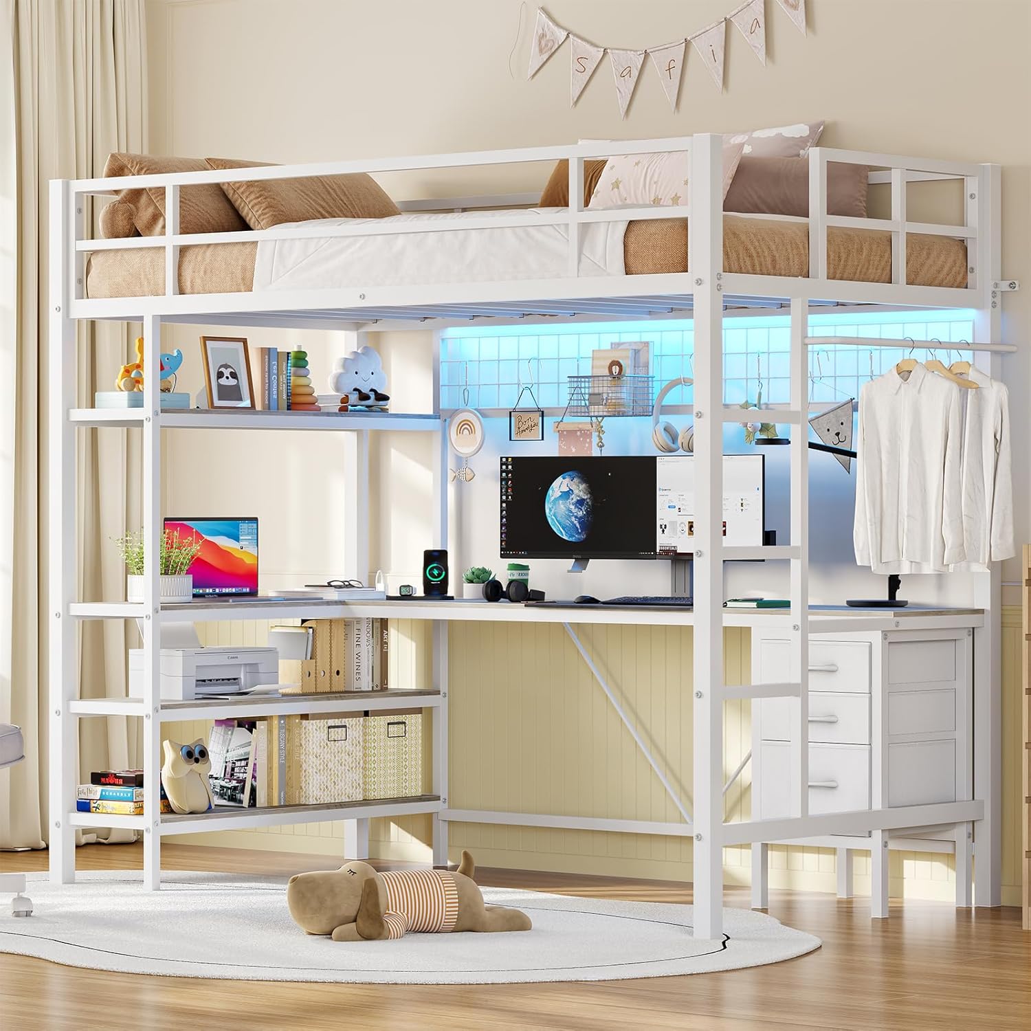 MSmask Loft Bed Twin Size with L-Shaped Desk and Storage Shelves, Metal ...