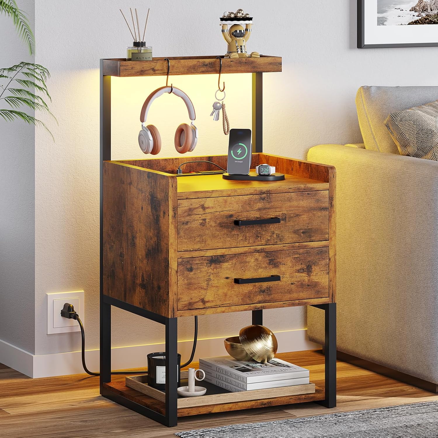 MSmask Night Stand with Charging Station and LED Lights, LED Nightstand with 2 Drawers&Storage ...