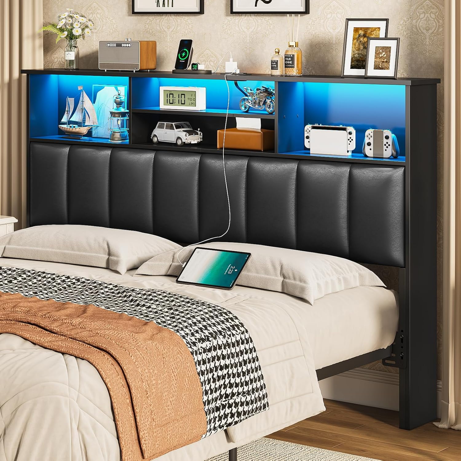 MSmask Queen Size Headboard Only, Upholstered Queen Size Bookcase ...