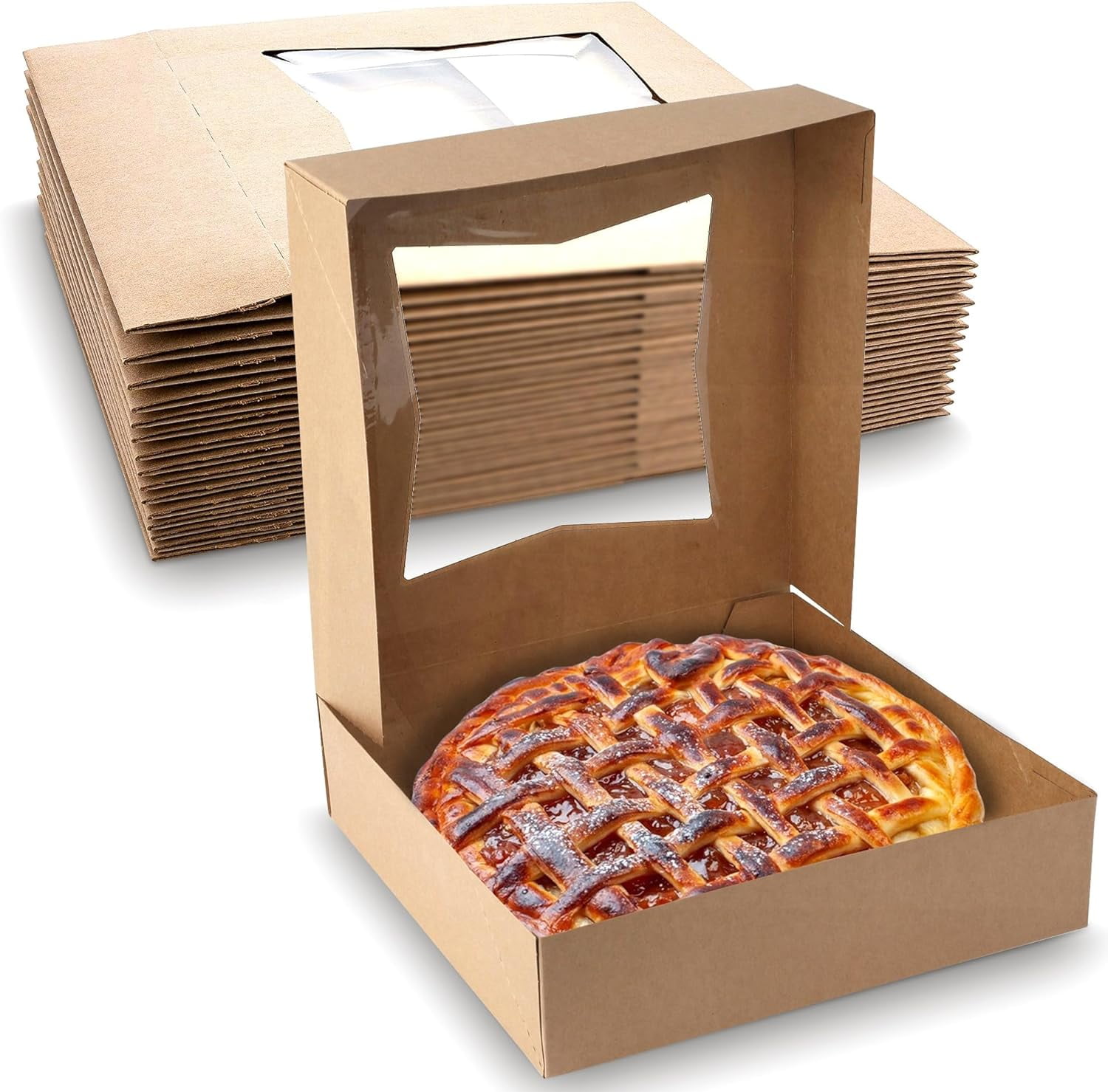 MT Products 10" x 10" x 2.5" Kraft Brown Pie Boxes with Window - Pack ...