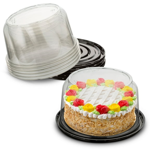8" ROUND CAKE CONTAINER. Black 8 5/8" Base and Clear 4 3/4" High Dome ...