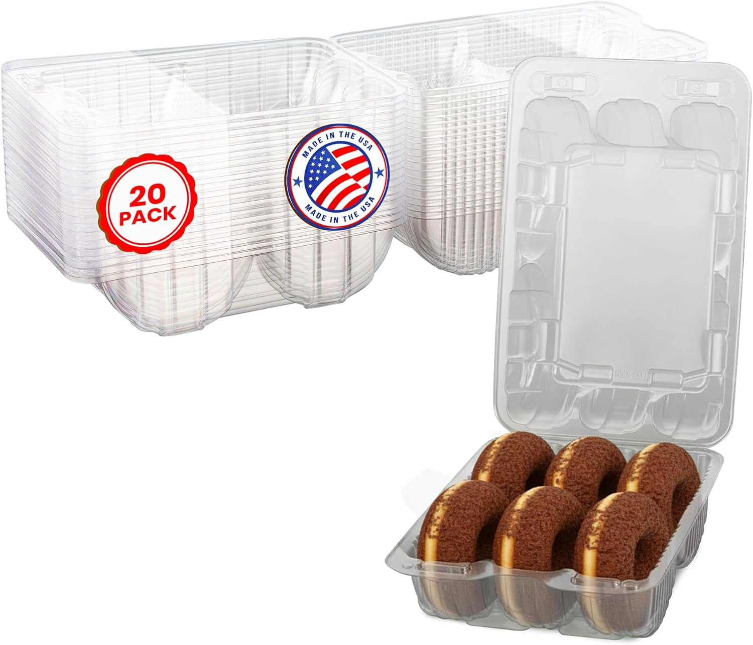 MT Products Clear Donut Plastic Containers with Hinged Lid - Pack of 20 ...