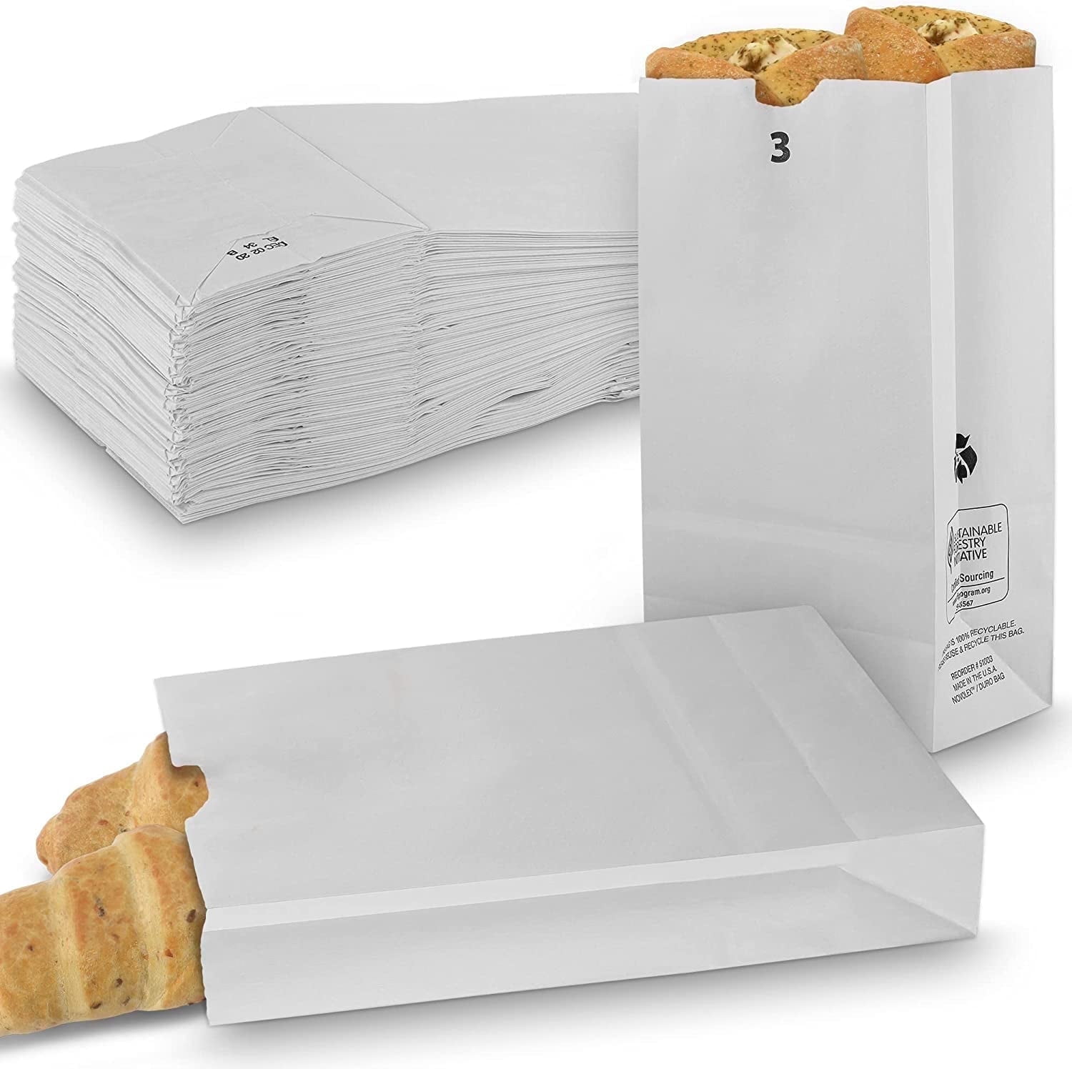 MT Products White Paper Bags 3 lb, Paper Lunch Bags Fold Top - Pack of ...