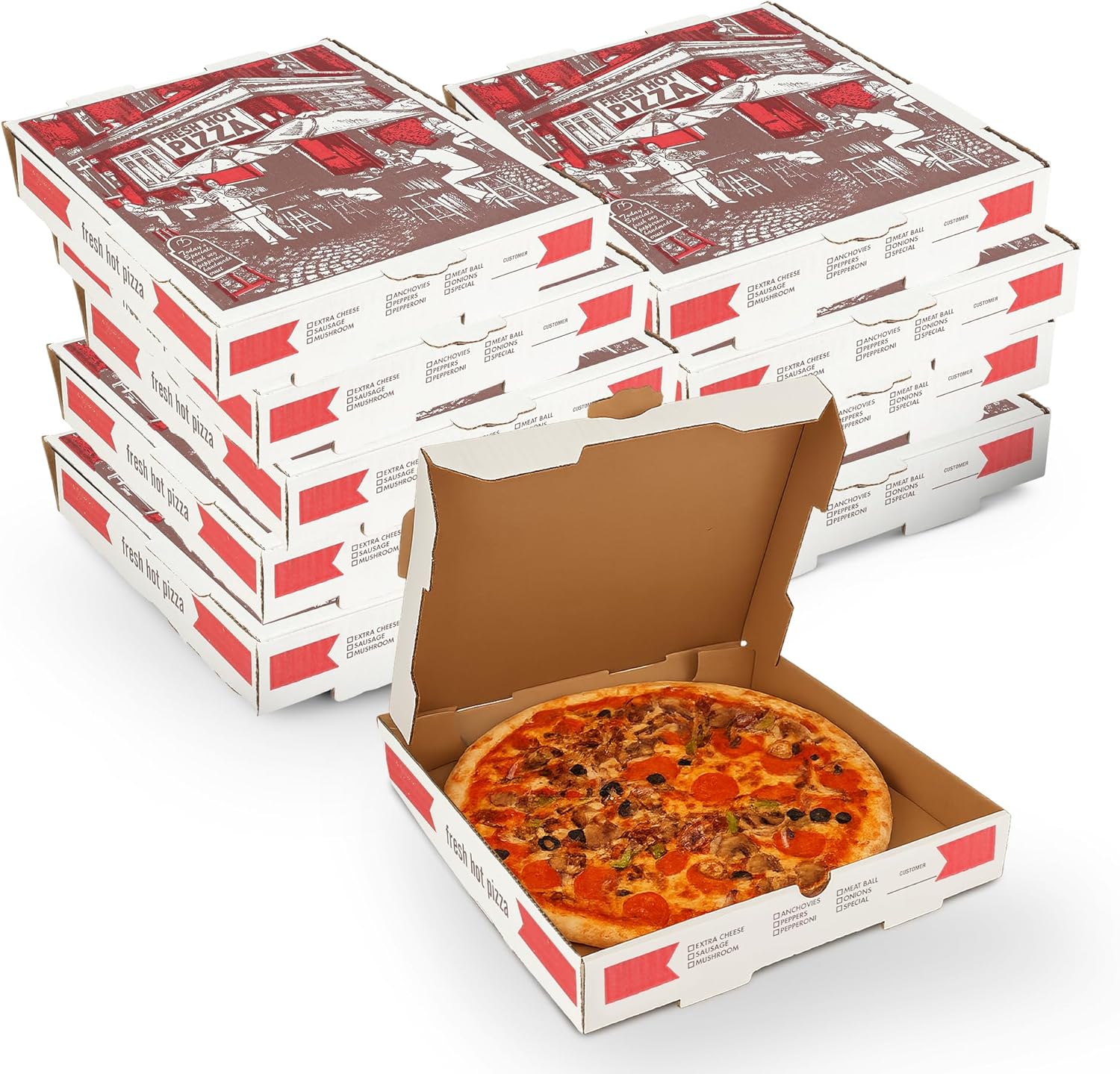 MT Products White-Red Pizza Boxes 12" x 12" x 2" - B-Flute Empty Pizza ...