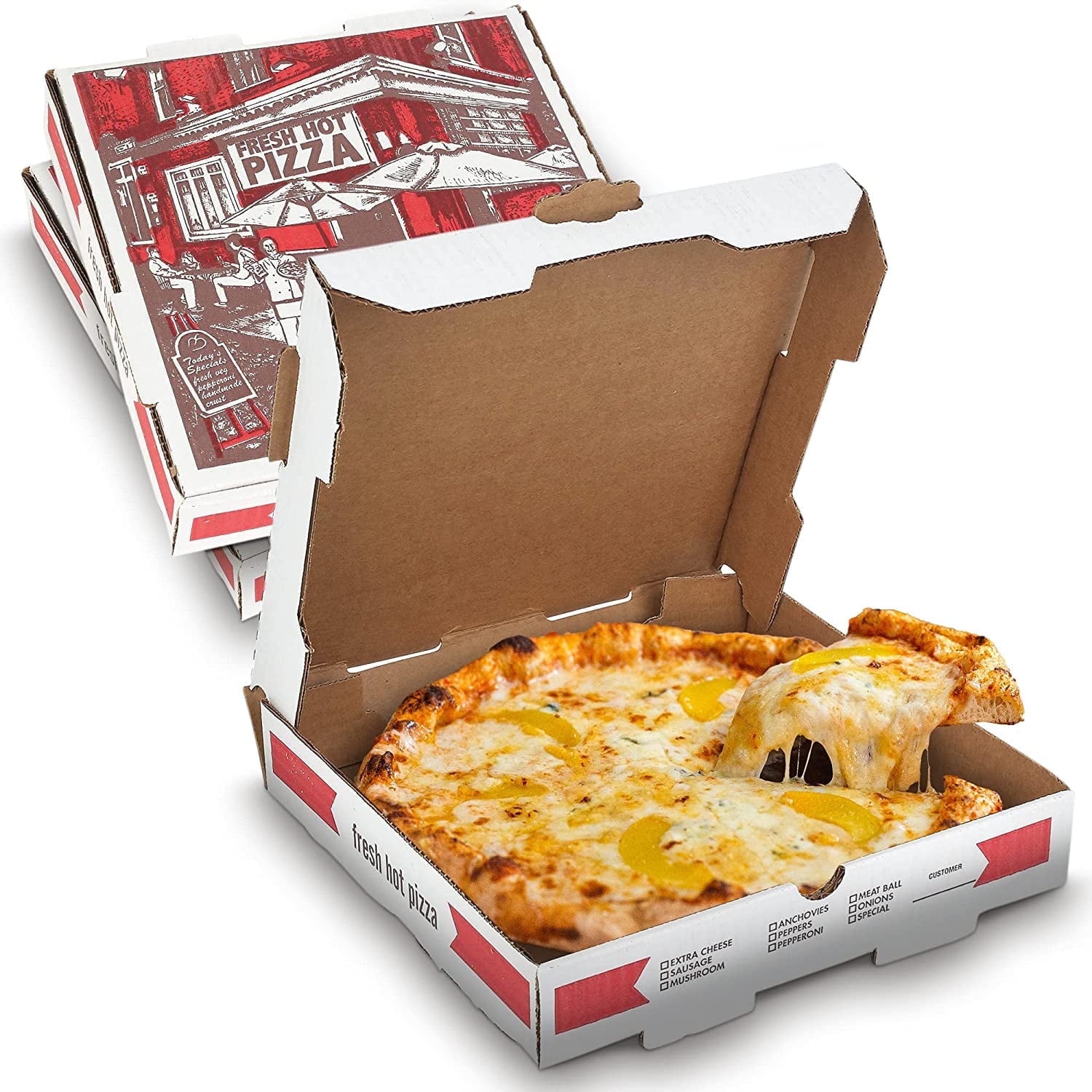 MT Products White and Red B-Flute Pizza Boxes 10" x 10" x 1.75" - Pack ...