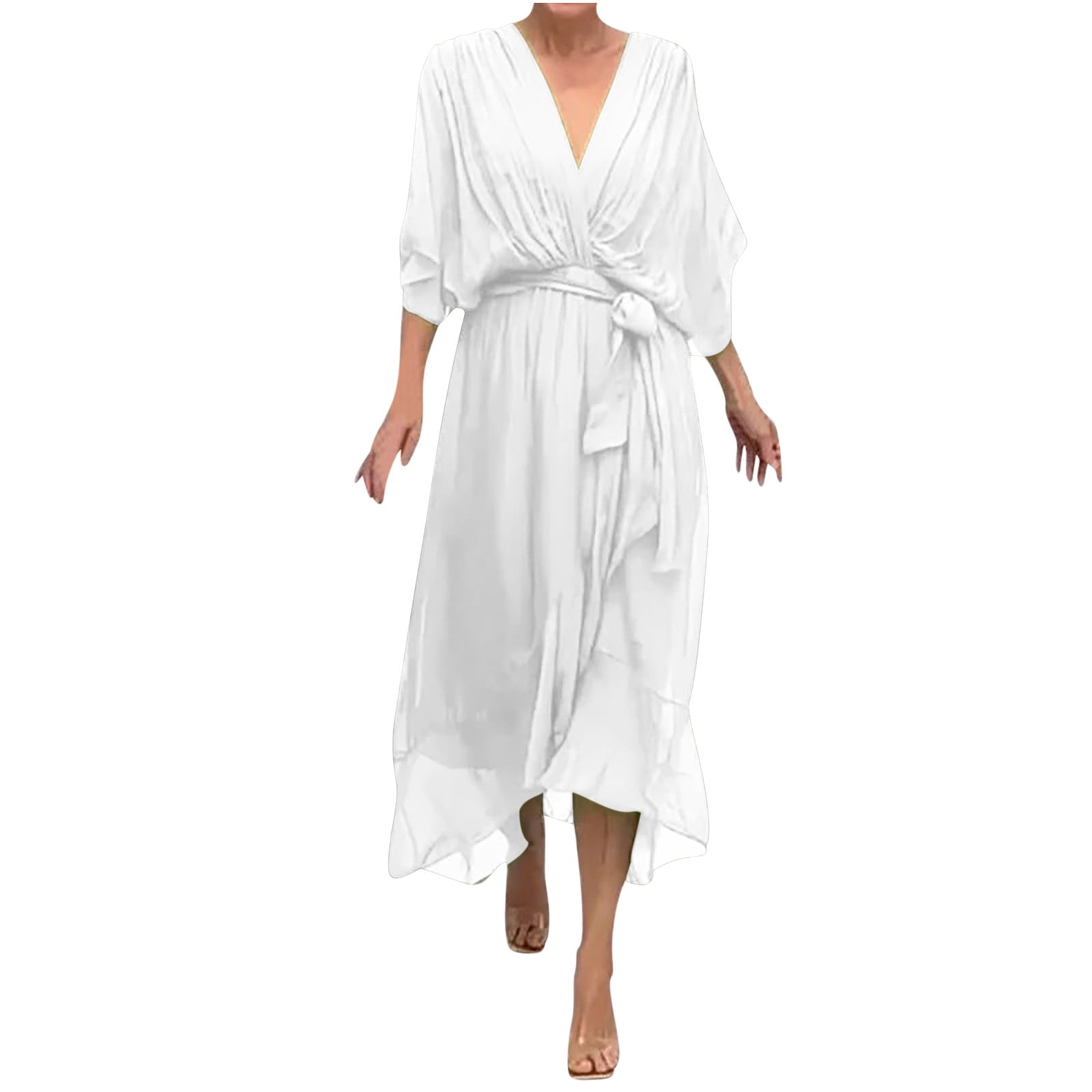 MTBLYS Womens Dresses Summer Solid Color Drop Shoulder Tea-Length Dress ...