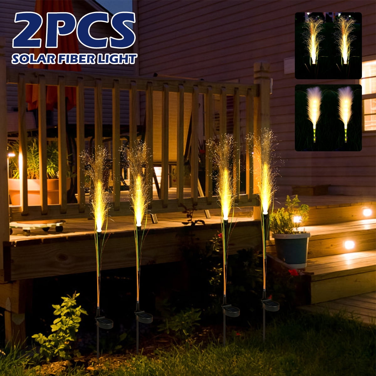 MTFun 2Pcs Solar Fiber Light Solar LED Reed Stake Light 600mAh Solar ...