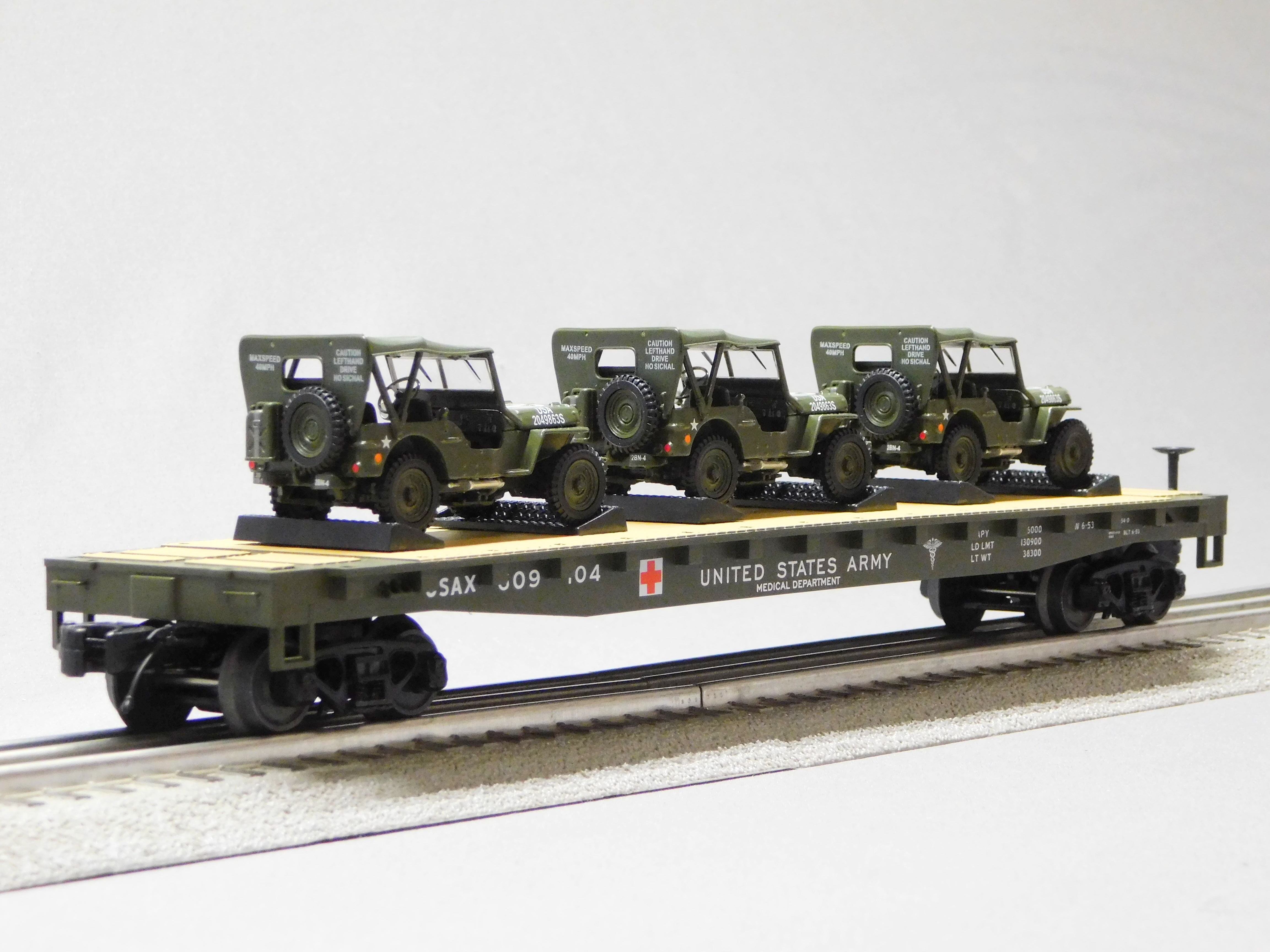 MTH PREMIER US ARMY FLAT CAR W/ WILLY'S TRANSPORT JEEP O GAUGE 20 ...
