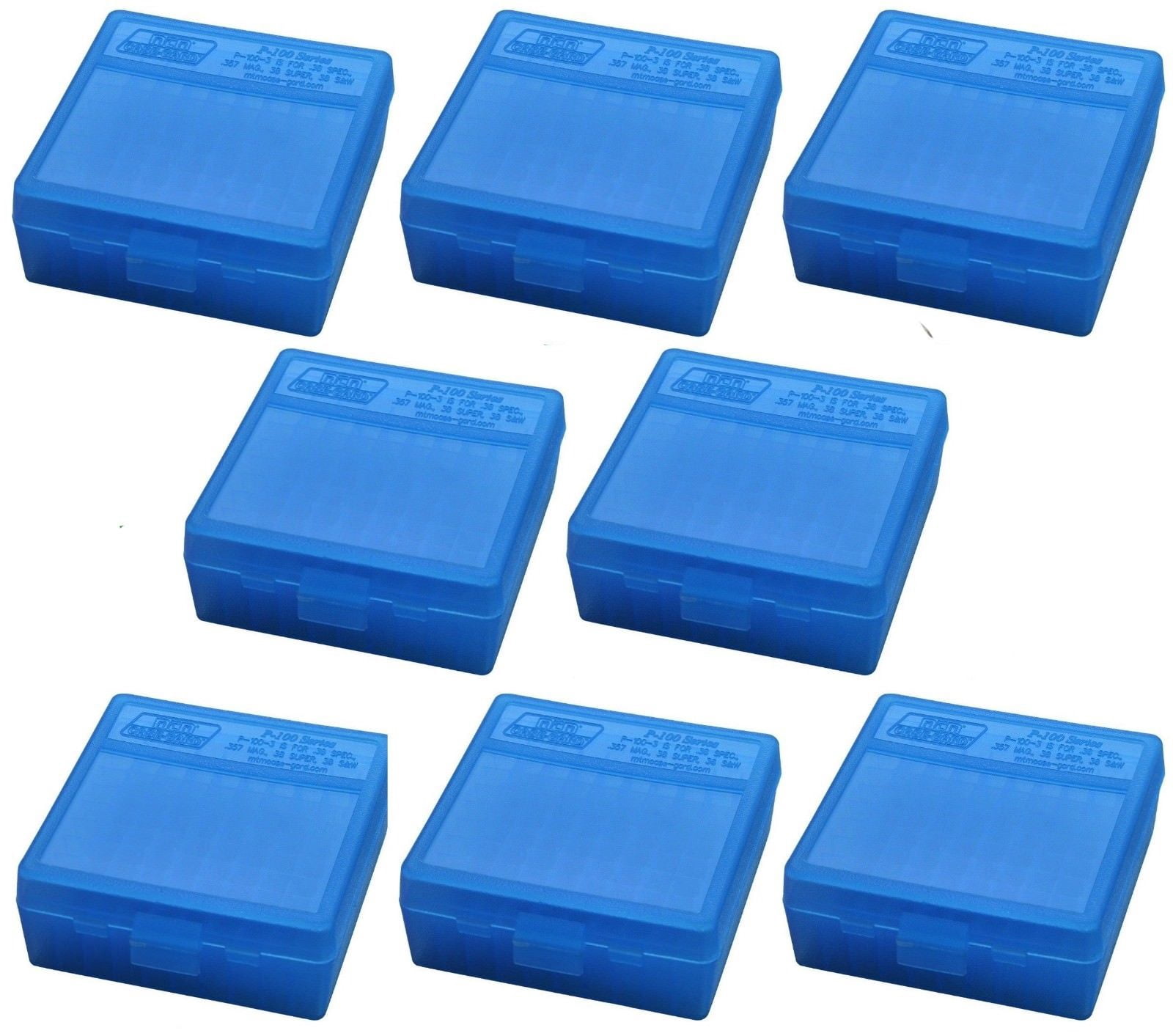 MTM 100 Round Flip-Top 38/357 Cal Ammo Box - Clear Blue (8 Pack ...