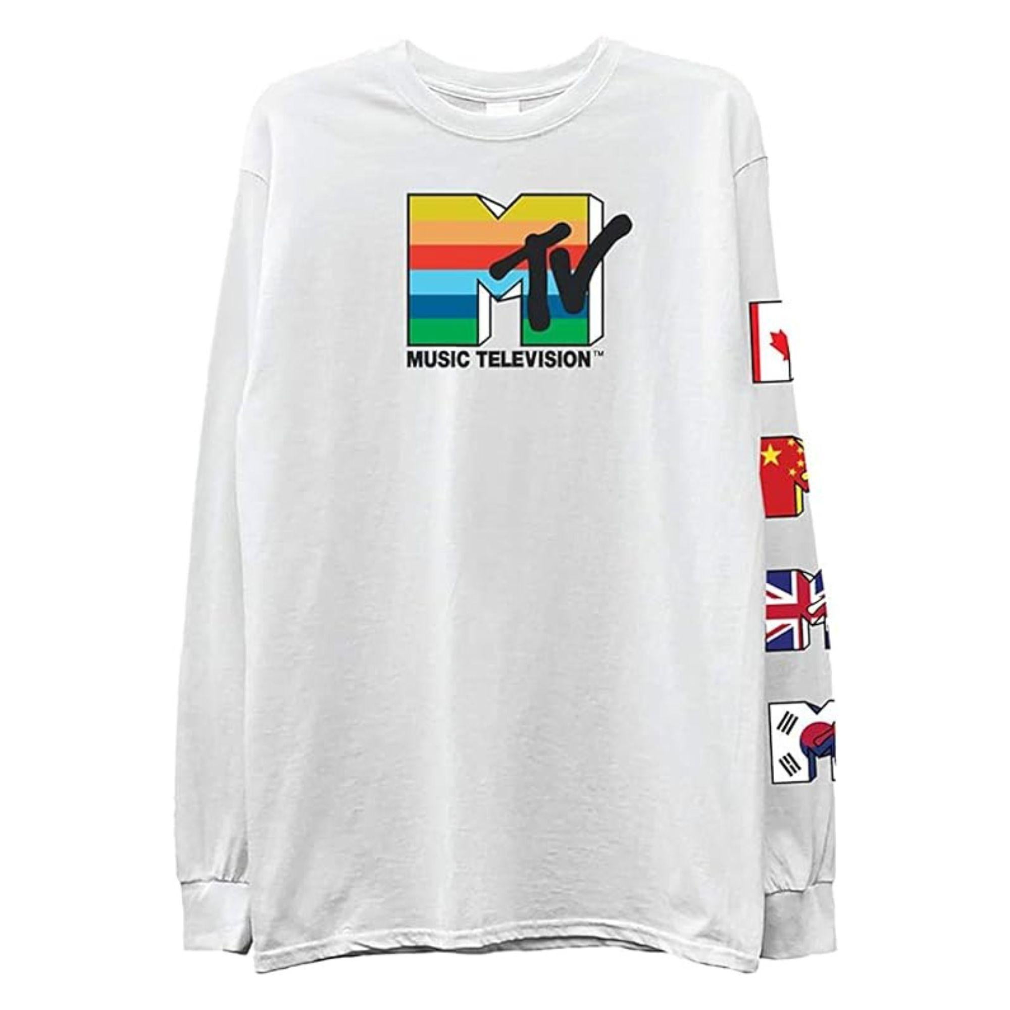MTV Mens Long Sleeve Shirt, Classic MTV Rainbow Logo Shirt White – S ...