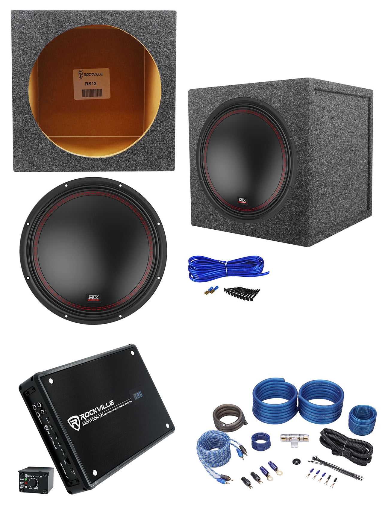 MTX 5512-22 12" 800w Subwoofer+Sealed Sub Box Enclosure+Mono Amplifier ...