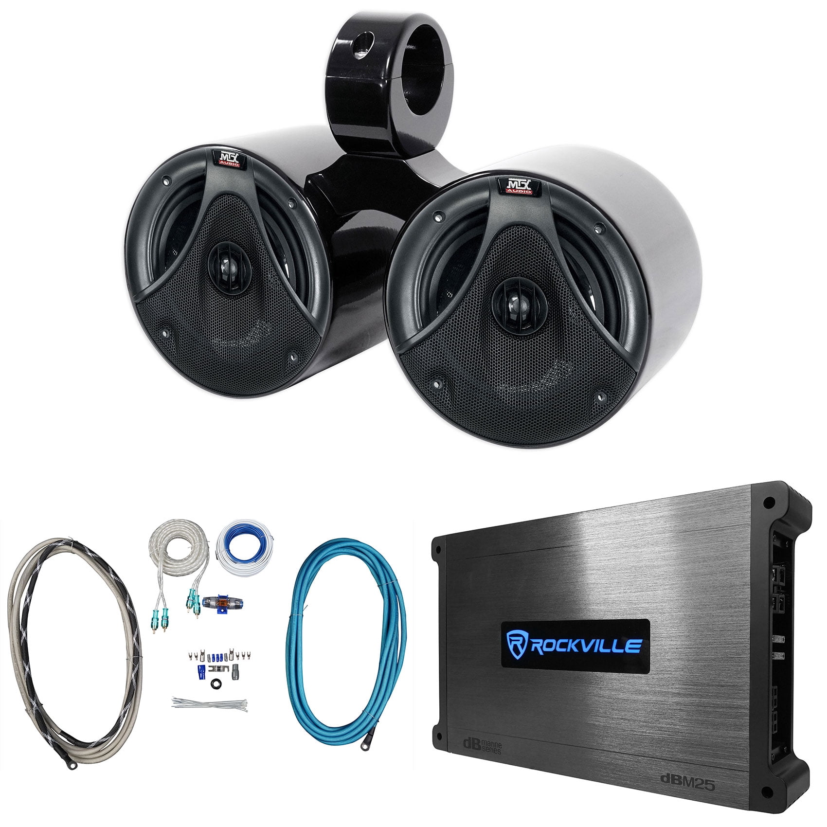 MTX Dual 6.5" 150w Black Marine Boat Wakeboard Tower Speakers+Amplifier ...