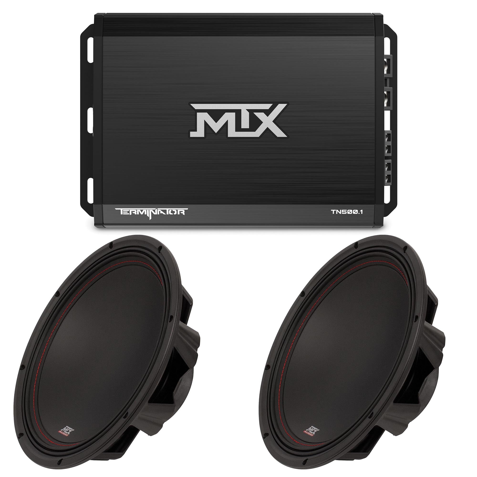MTX TERMINATOR 500-Watt RMS 2Ω Mono Block Class D Amplifier and Two MTX Audio 3512-04 35-Series ...