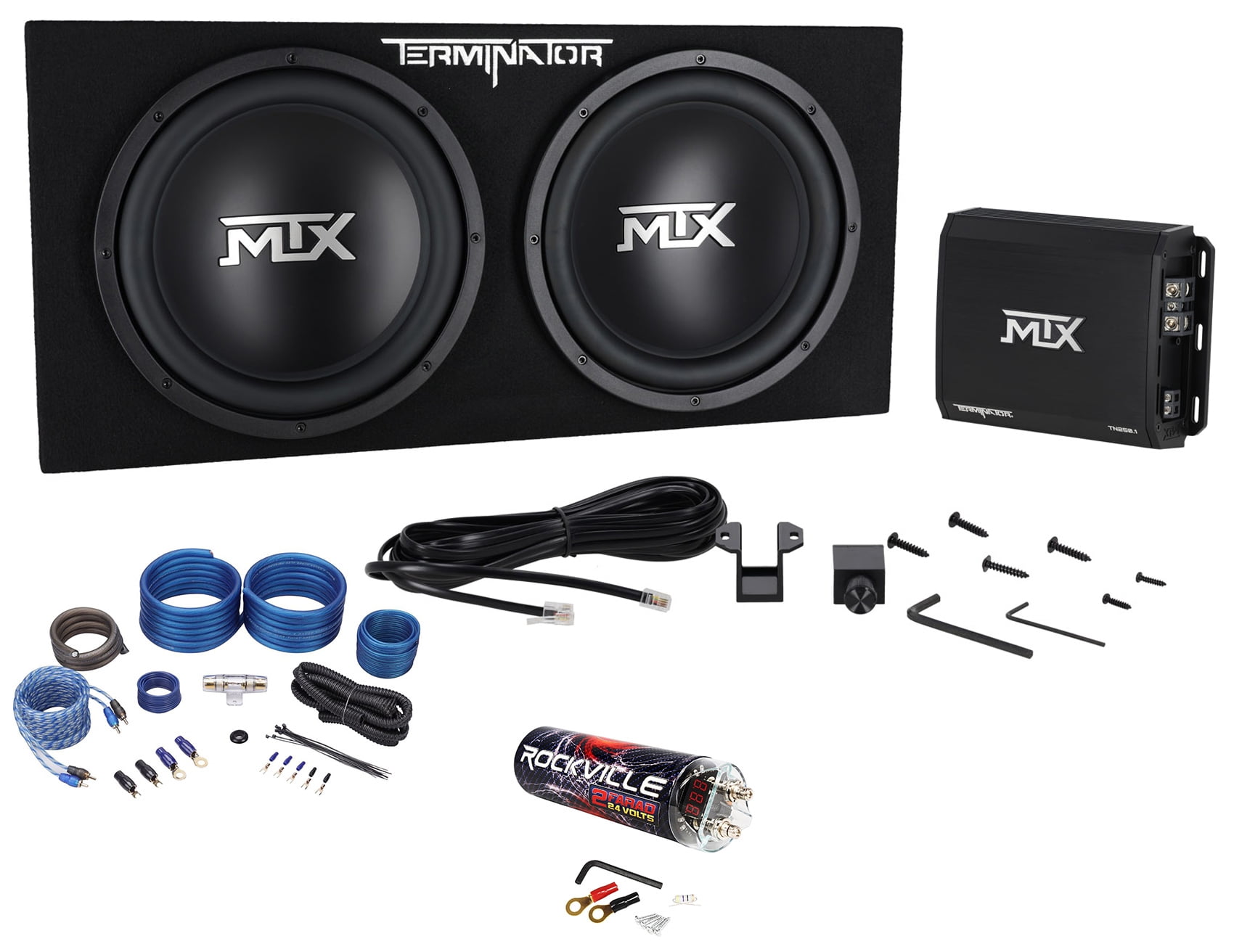MTX Terminator TNP212D2 Dual 12” Subwoofers+Enclosure+Amp Kit+2 Farad ...