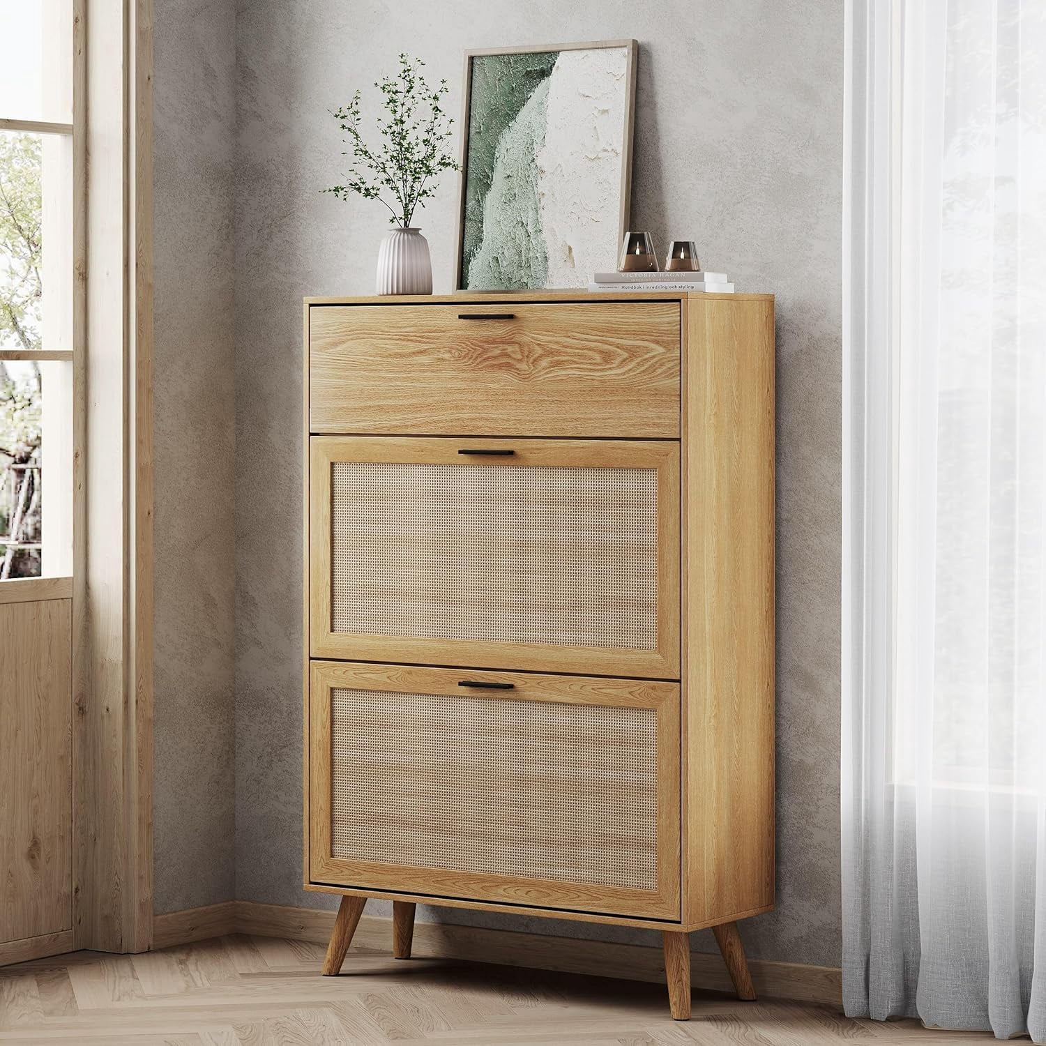 MU Natural Rattan Shoe Cabinet, Entryway Shoe Cabinet with 2 Flip ...