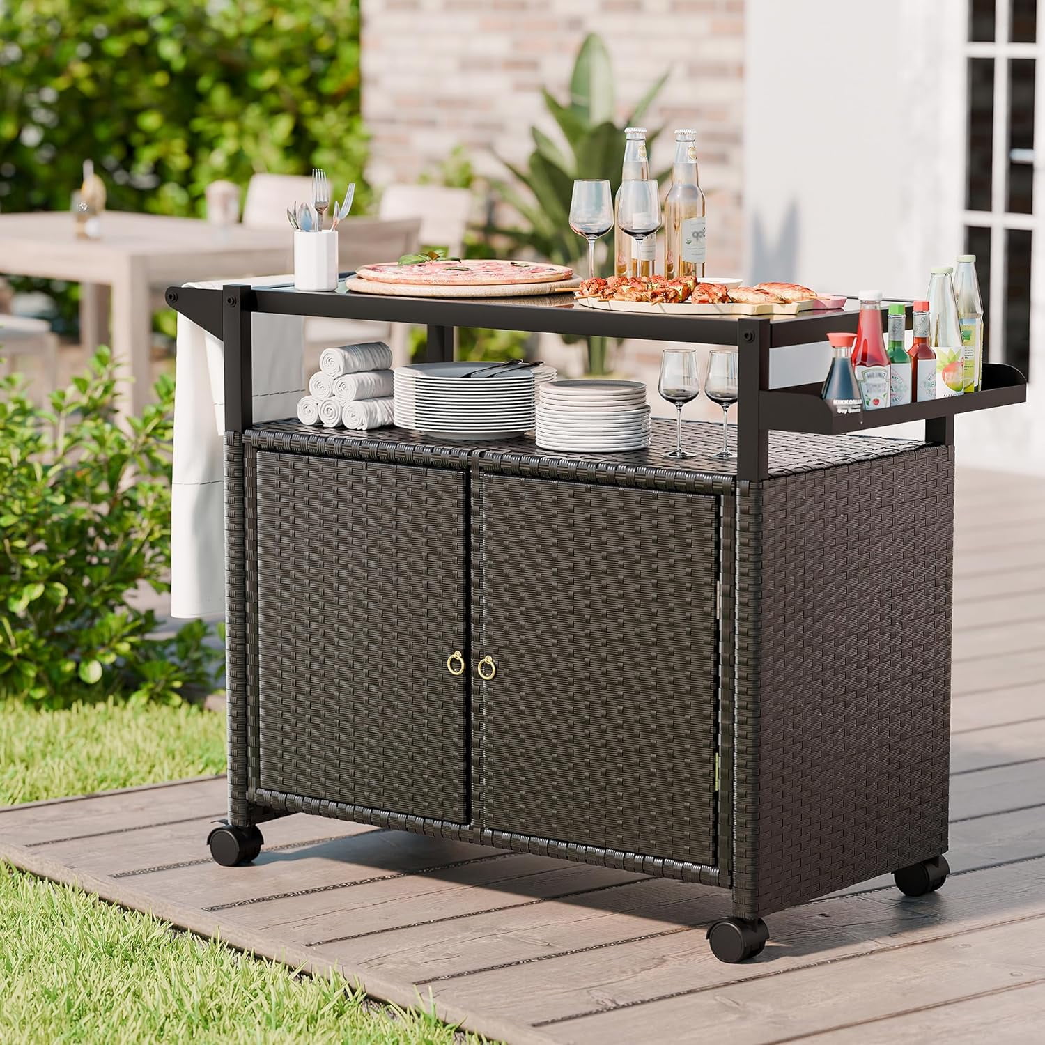 MU Outdoor Bar Cart with Storage and Wheels, Outdoor Bar Table with ...