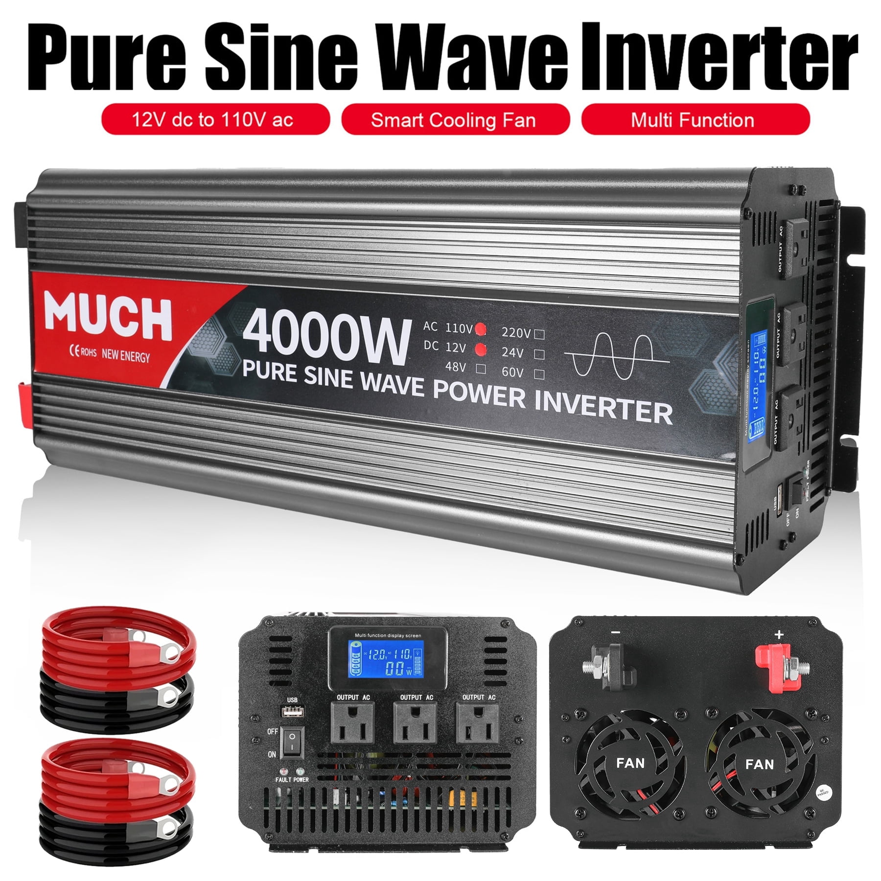 MUCH 4000 Watt Pure Sine Wave Power Inverter, Car/Home 12V DC to 110V ...