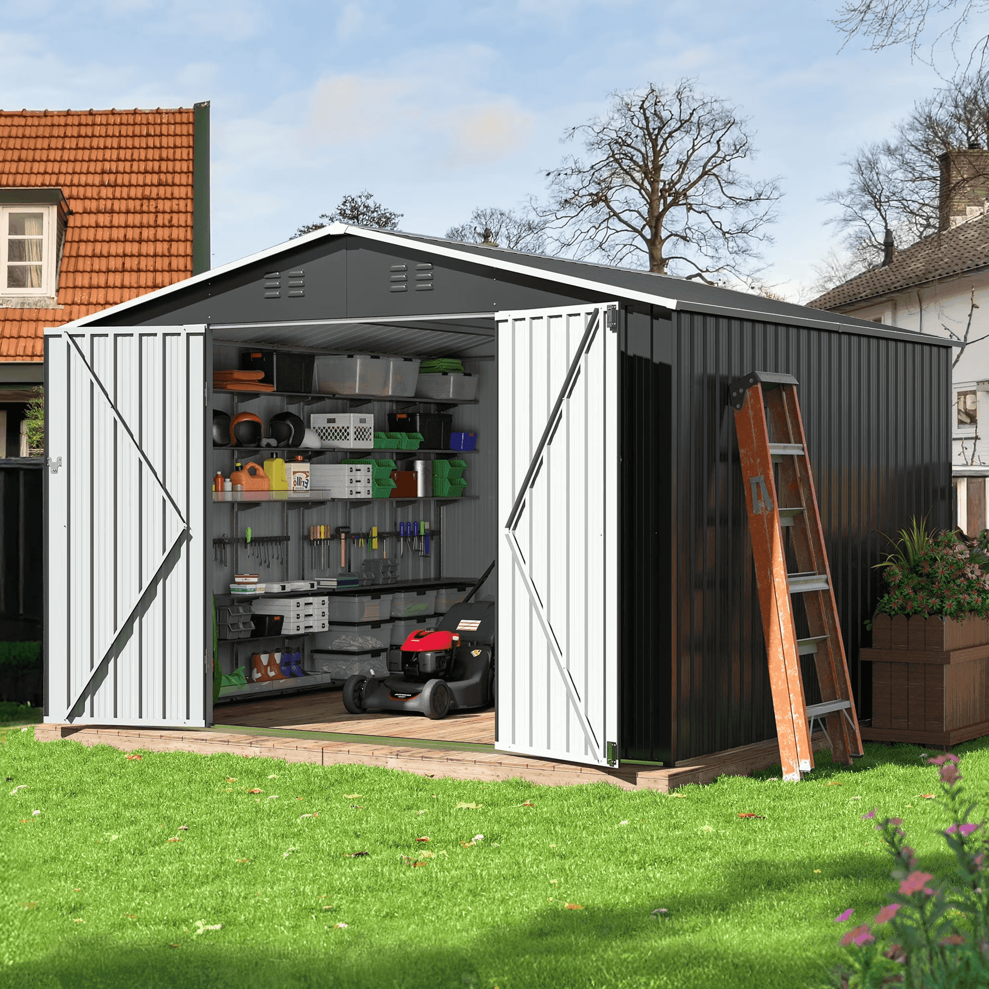 MUCHANT 10'x10' Outdoor Metal Storage Shed with Updated Frame Structure ...