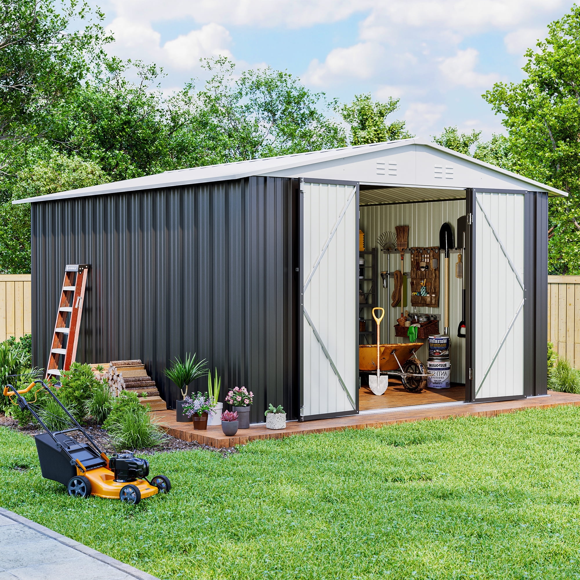MUCHANT 10'x12' Outdoor Metal Storage Shed with Updated Frame Structure ...