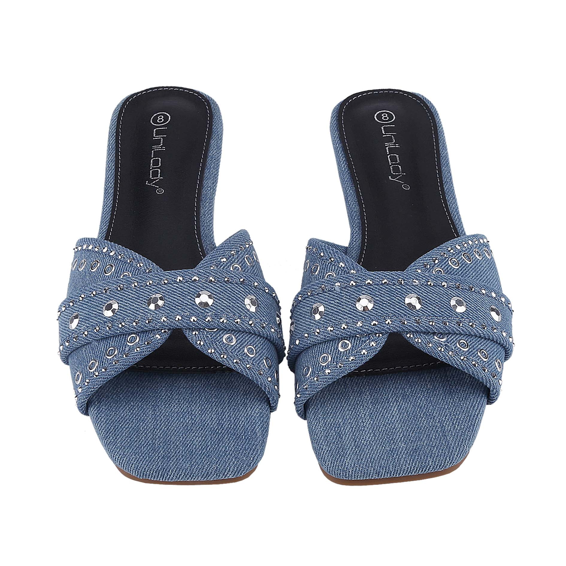 【MUI-13】Womens Square Open Toe Denim Flat Sandals Slip On Mule Slides Braided Strap Slipper ...