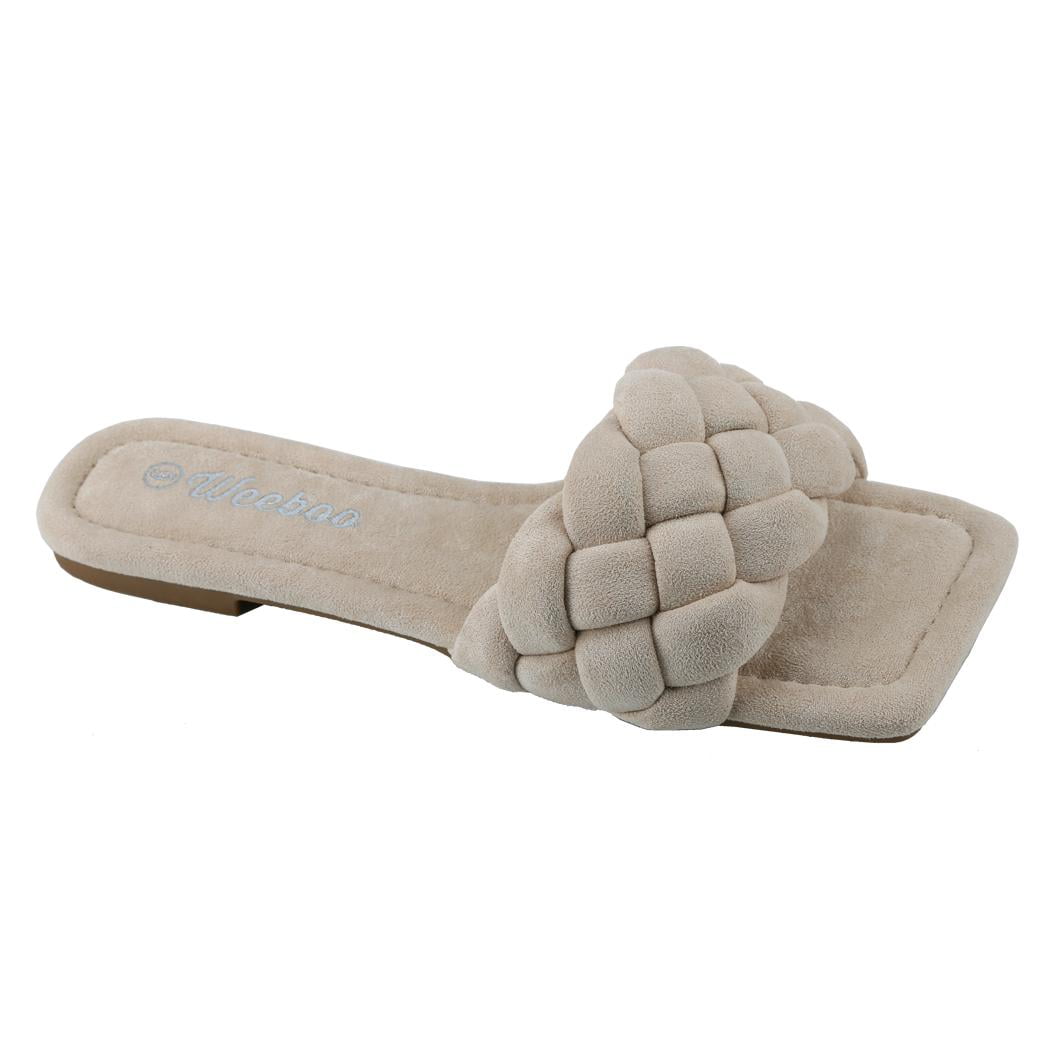 【MUI-4 SUEDE】Women's Square Open Toe Slides Braided Woven Single Band ...