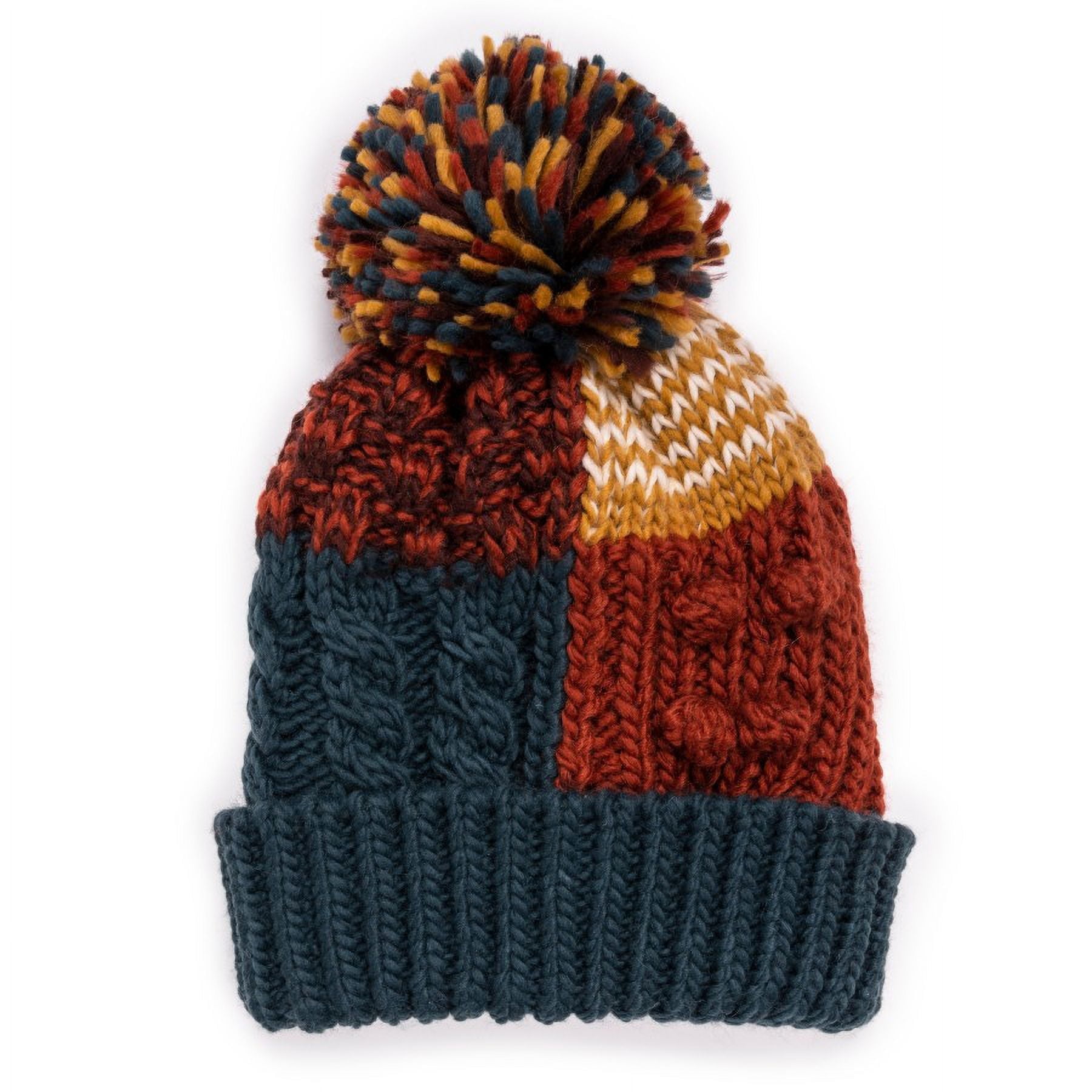 MUK LUKS Women's Patchwork Pom Cuff Cap, Blue Spruce, Fleece Lined, One ...