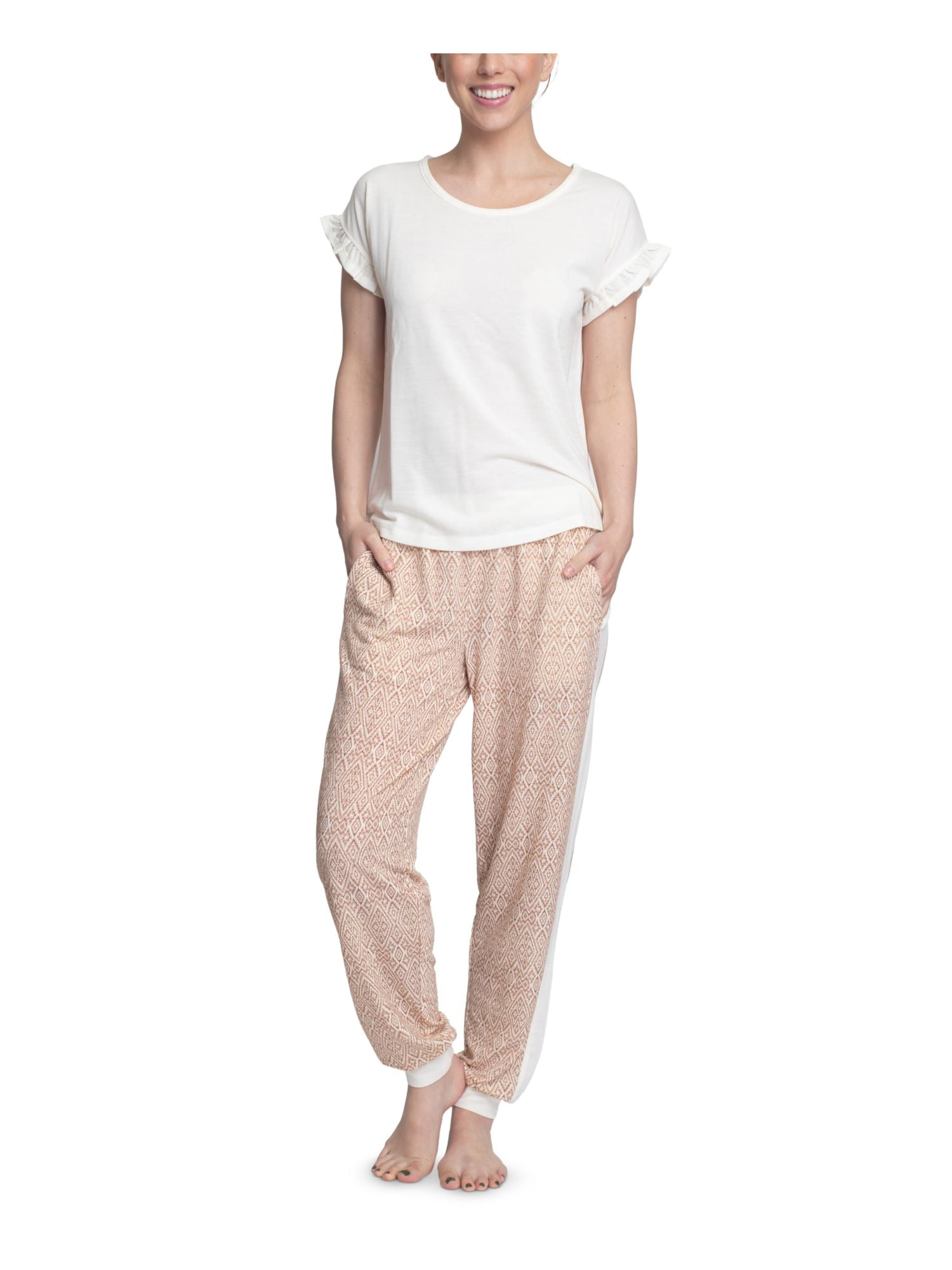 MUK LUKS Sets Beige Knit Jogger Solid Round Neck Cuffed Sleepwear Size ...