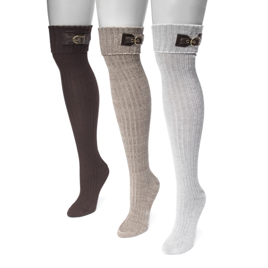 MUK LUKS Women's 3 Pair Buckle Cuff Over the Knee Socks-Neutral OS ...