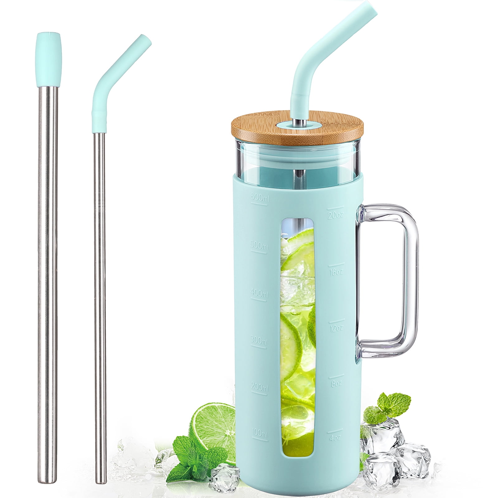 MUKOKO 20oz Glass Water Tumble with Straw and Bamboo Lid, Reusable ...